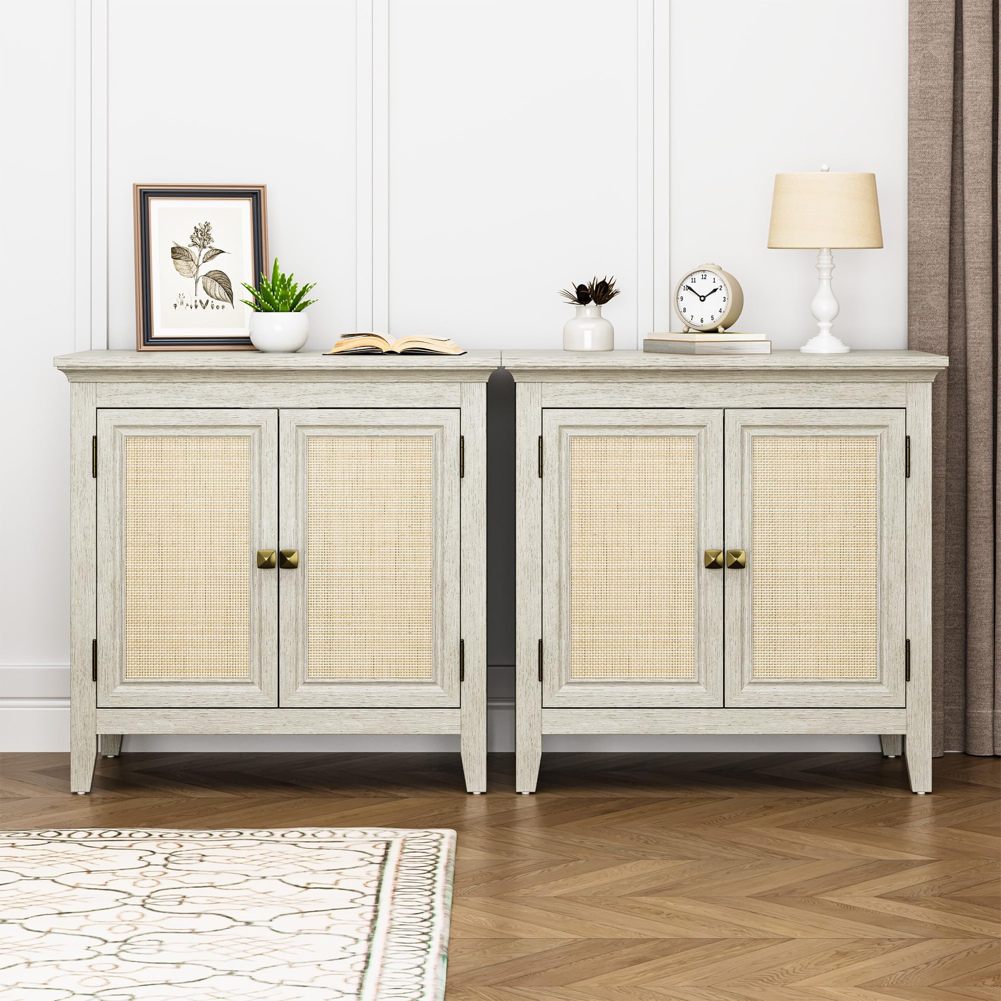 Superjoe Storage Cabinet Set of 2, Kitchen Sideboard Cabinet with Rattan Decor Doors, Accent ...