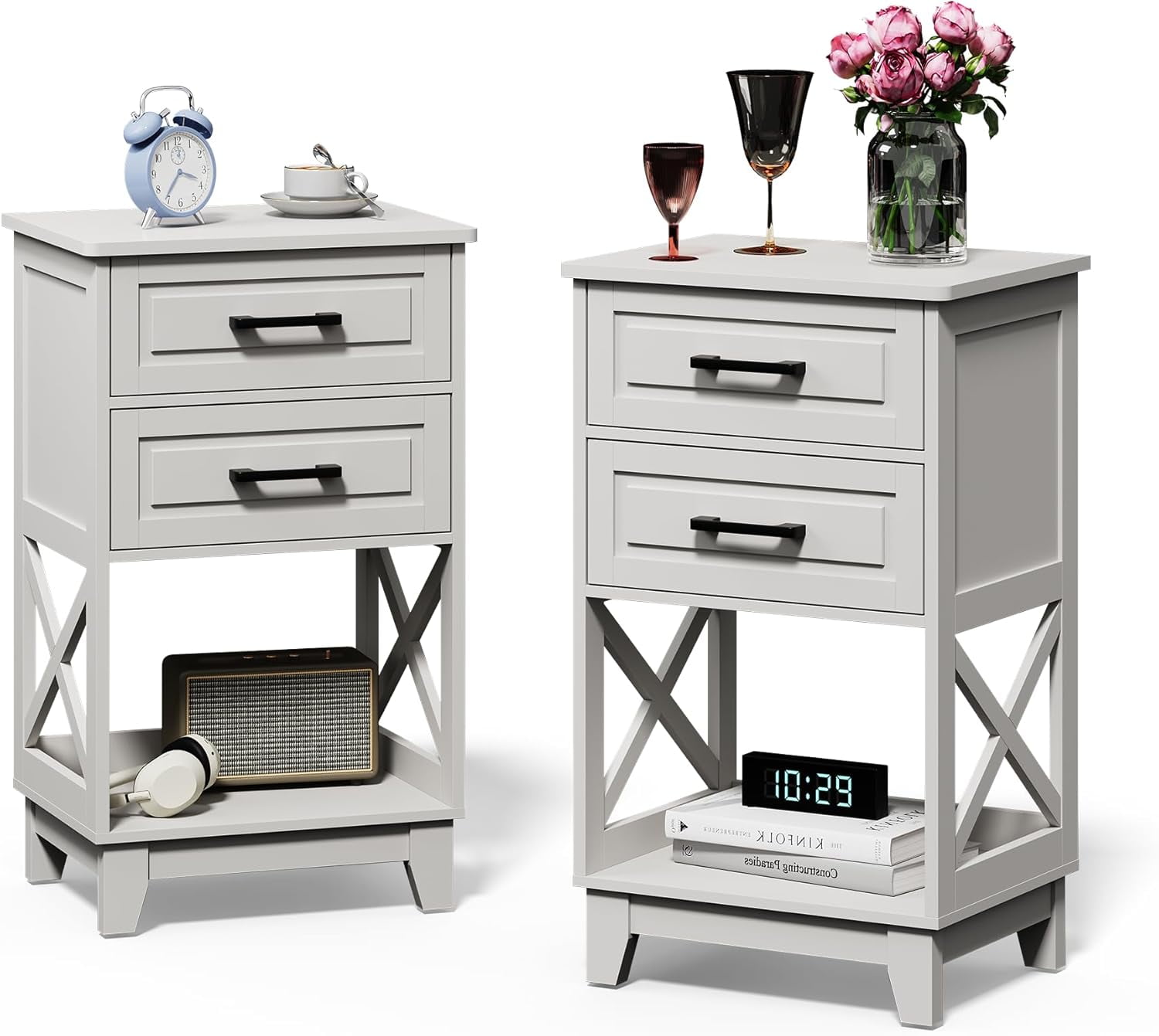 Superjoe Tall Nightstand Set of 2, Side Table with 2 Drawers and Open ...