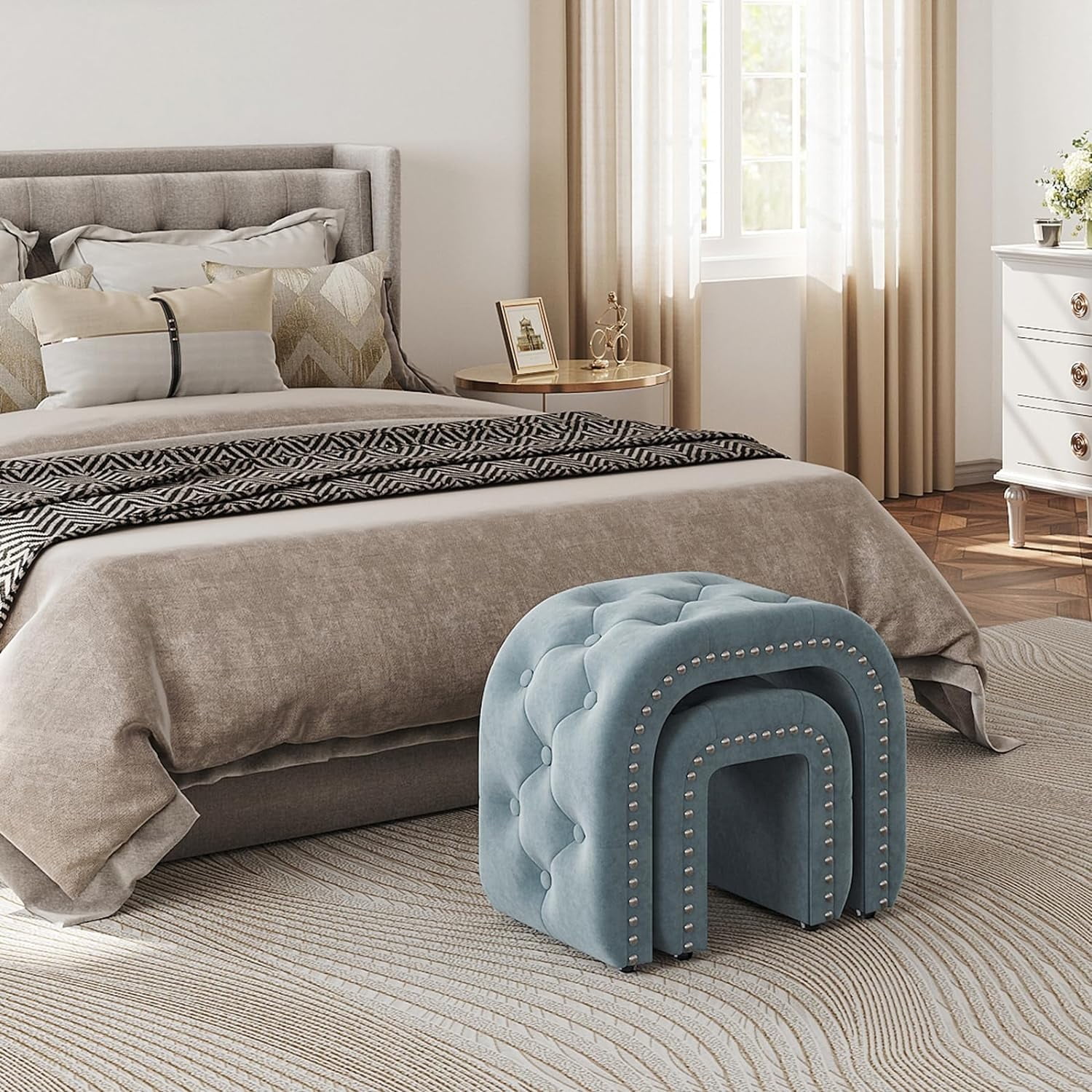 Superjoe Velvet Ottoman Set of 2 Blue Vanity Chair Foot Stools ...