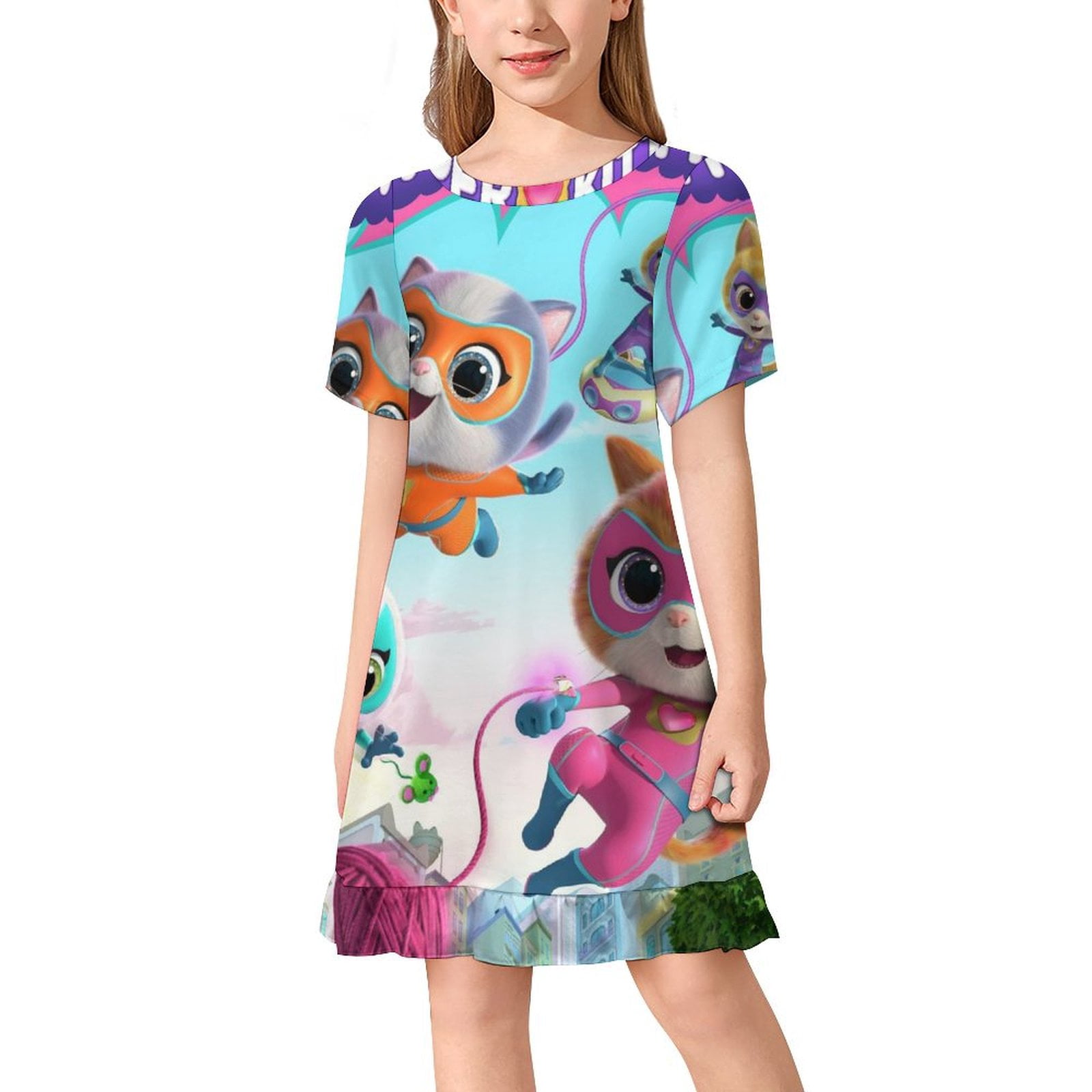 Superkitties Children's Short Sleeved Dress 3D Printed Classical Girl's ...