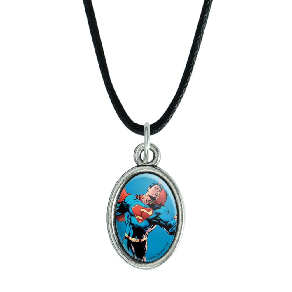Superman Character Antiqued Oval Charm Pendant with Black Satin Cord ...