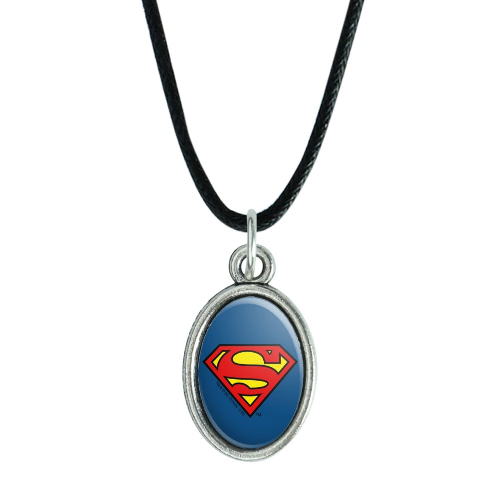 Superman Classic S Shield Logo Antiqued Oval Charm Pendant with Black ...
