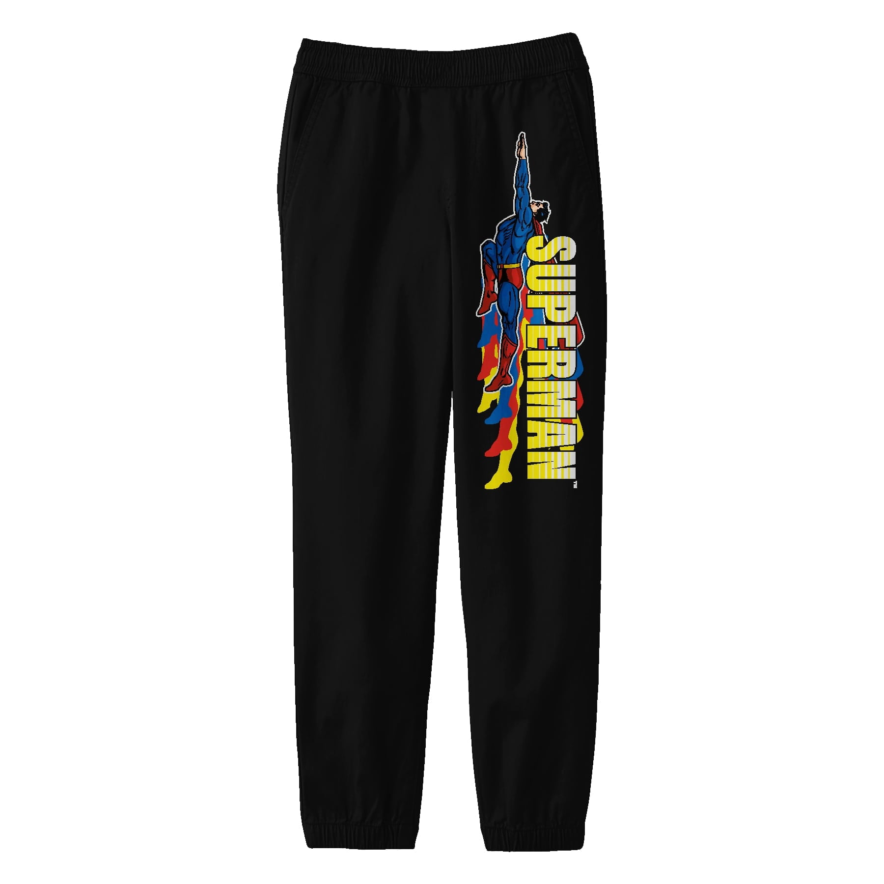 Superman Flying With Vertical Title Logo Youth Black Graphic Sweatpants ...