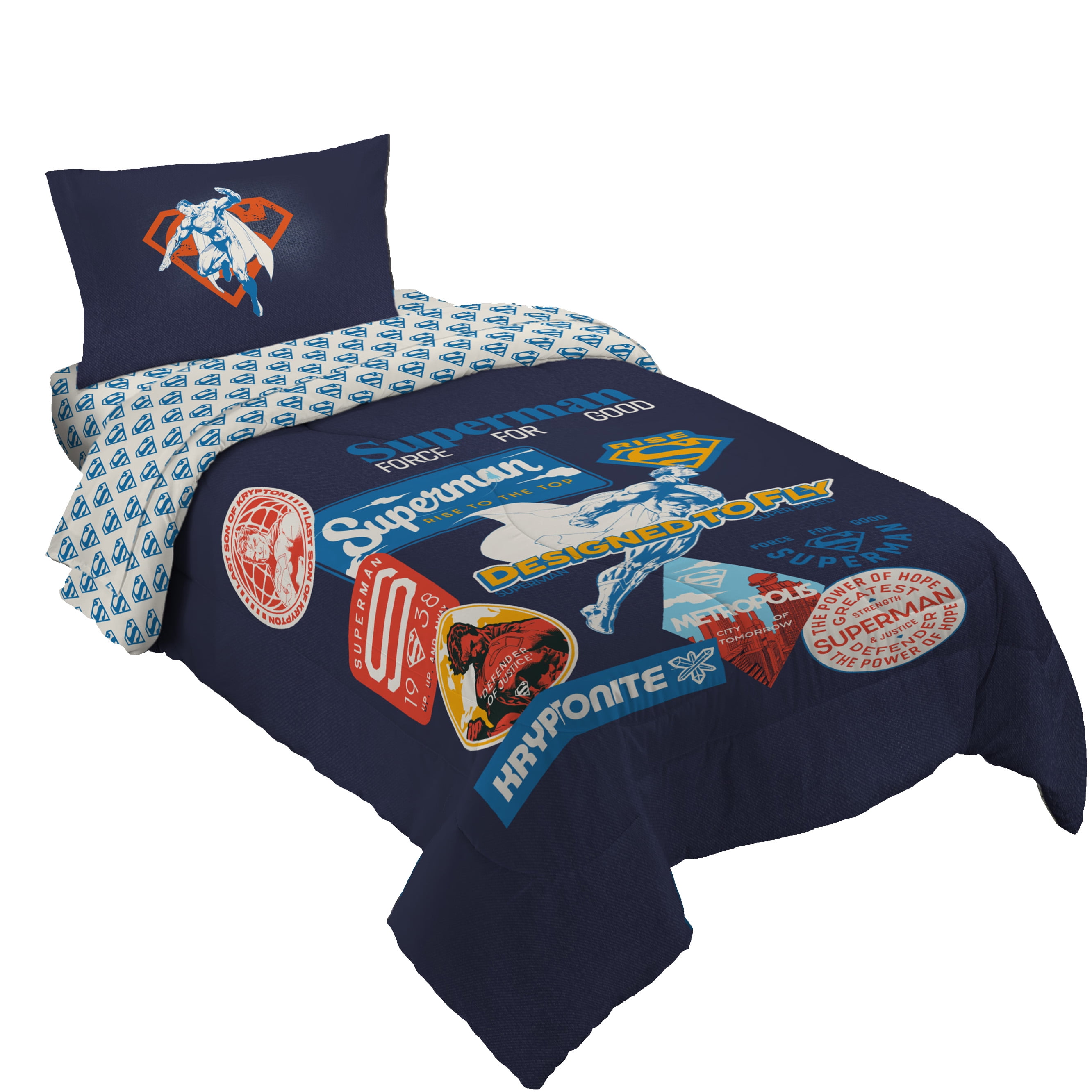 Superman Kids 4 Piece Reversible Comforter Set, Blue Gray, Twin Bed in ...