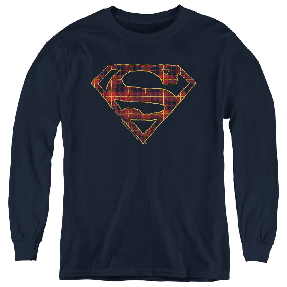 Superman Rough Plaid Logo Kids Long Sleeve T Shirt (X-Large) for Youth ...