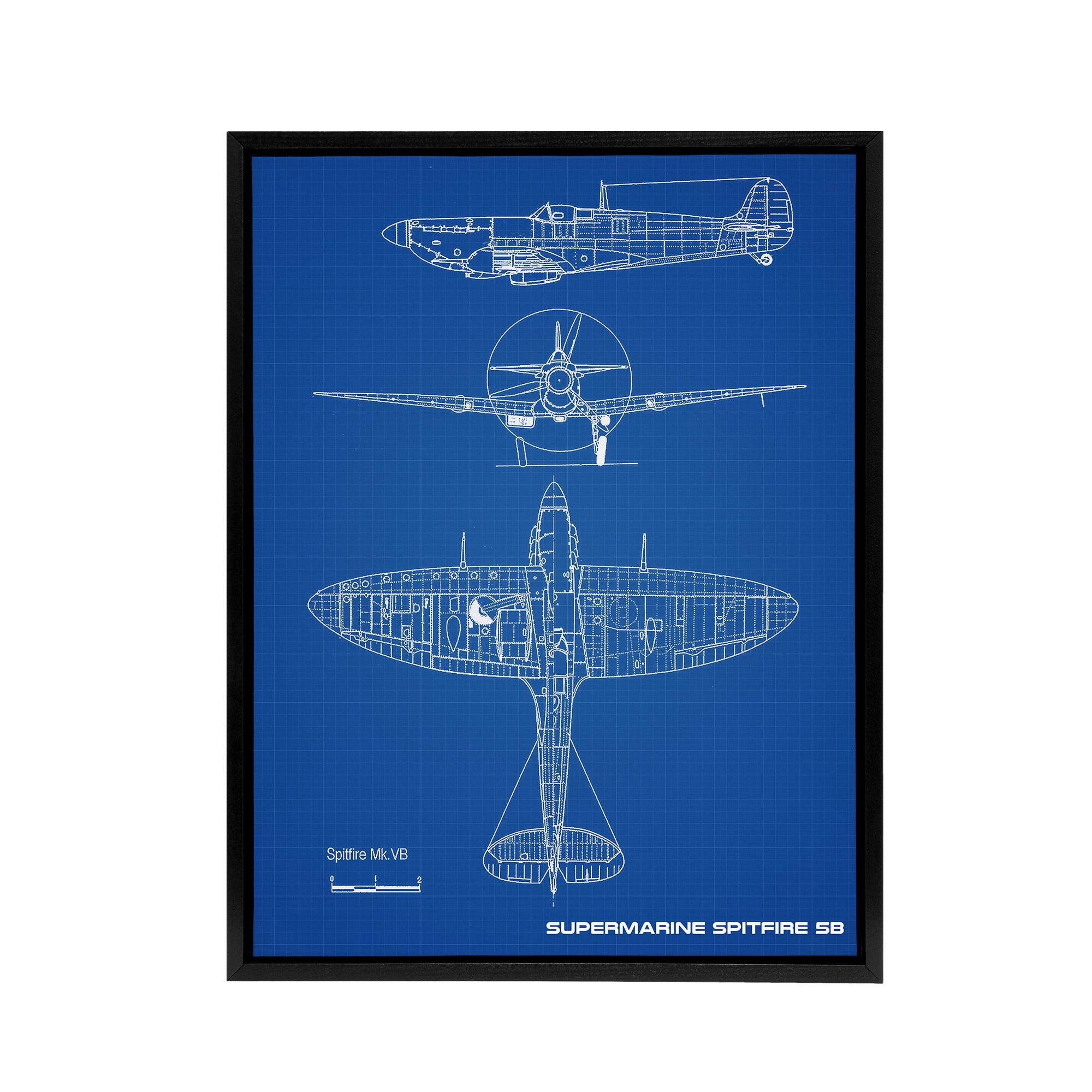 Supermarine Spitfire 5b Blueprint Black Framed Canvas Wall Art Print ...