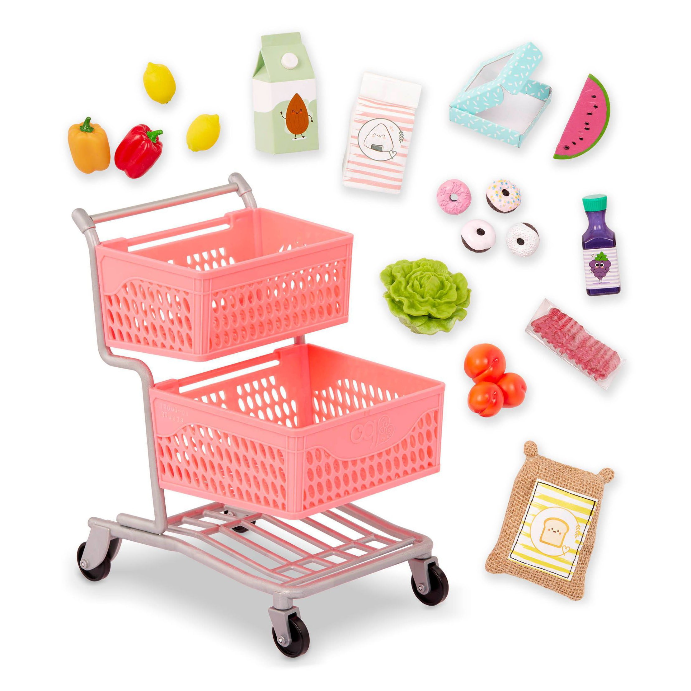 Supermarket Play Pink Grocery Shopping Cart & Food Accessory Set for 18 ...