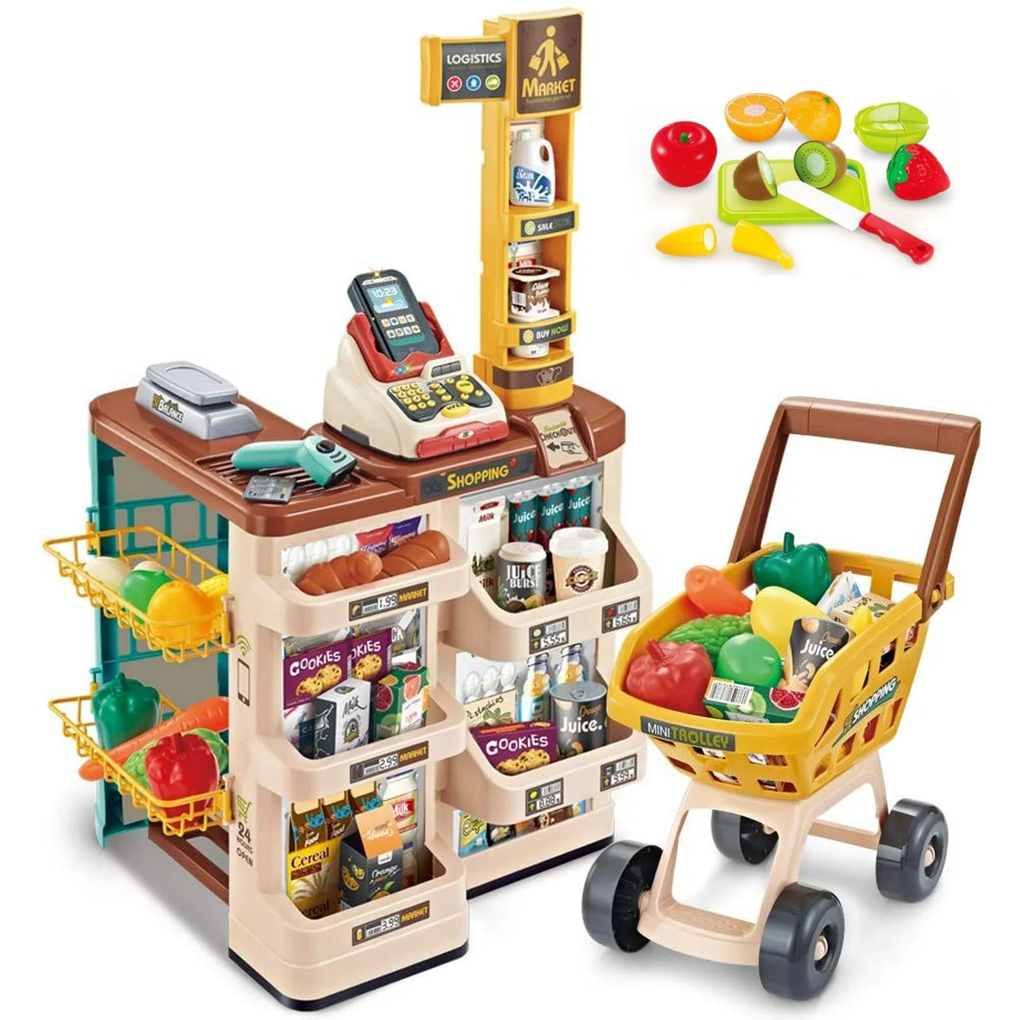 Supermarket Play Set Mundo Toys Shopping Cart for Kids, Fruits Cutting ...