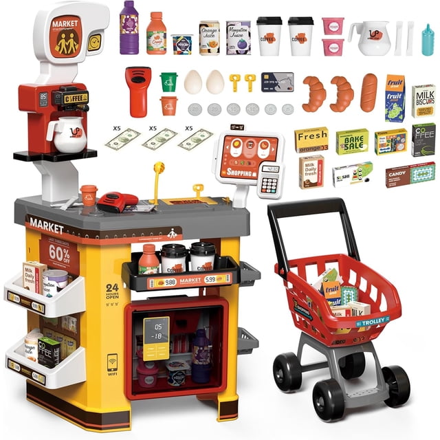 Supermarket Play Set Plastic Toy w/ Shopping Cart Coffee Shop 54 Pcs ...