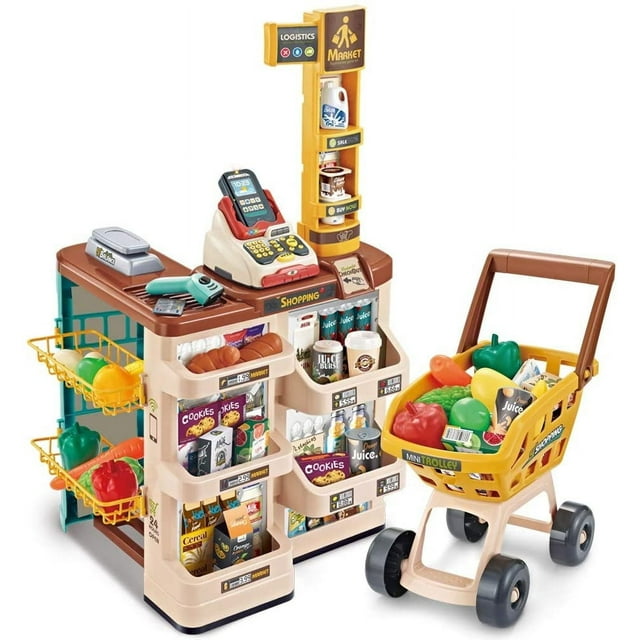Supermarket Play Set for Kids, Shopping Cart, Cash Register, Scanner ...