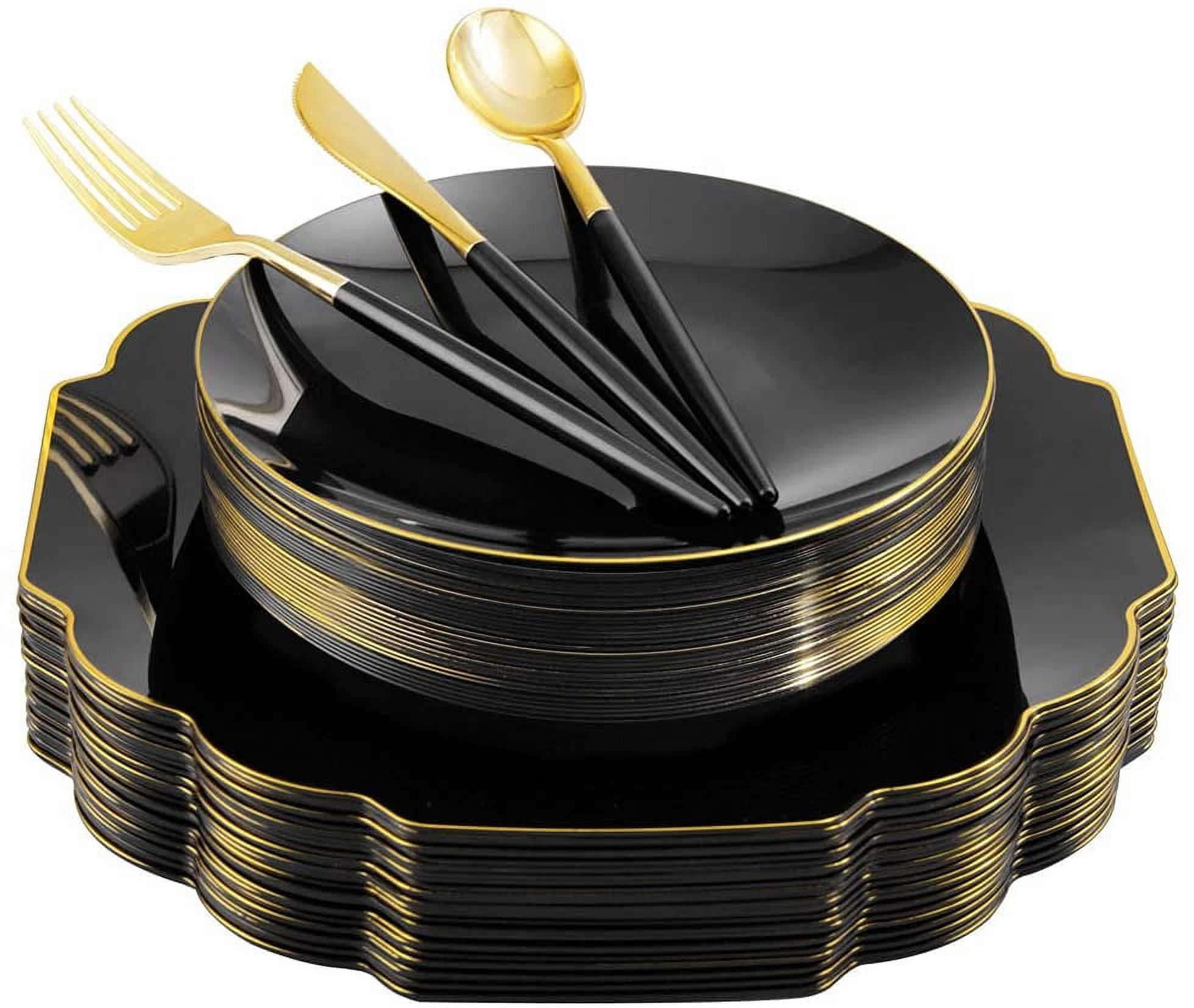 Supernal 150pcs Gold Plastic Dinnerware Set, Halloween Black Plastic ...
