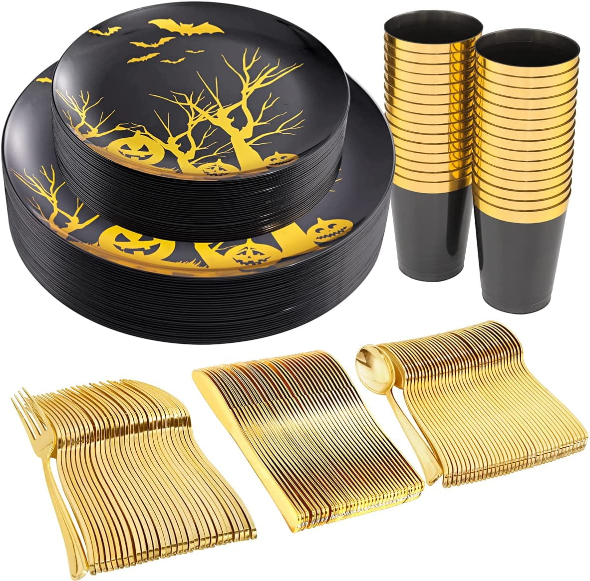 180pcs Halloween Black Plastic Dinnerware,Black and Gold Plastic Plates ...