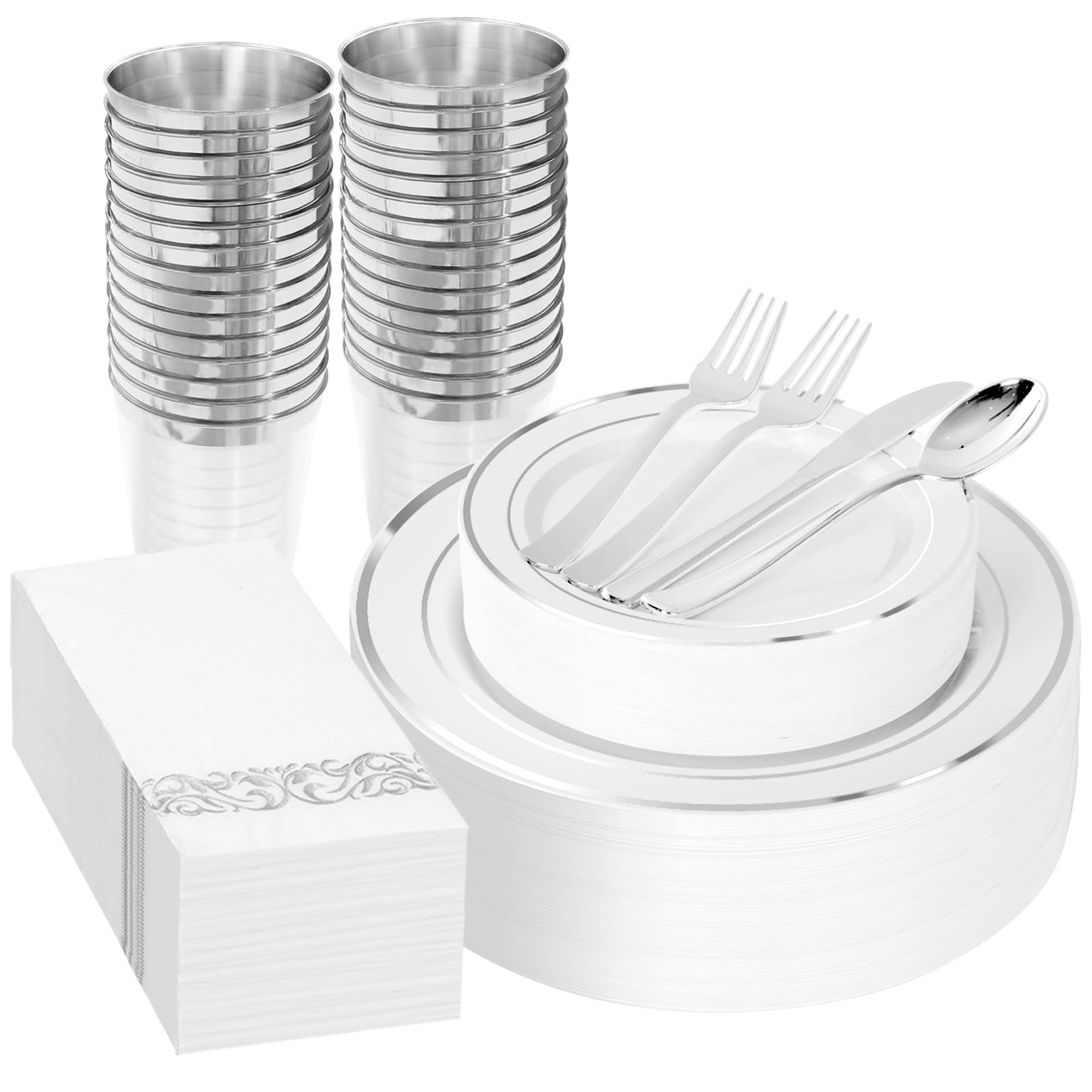 Supernal 200pcs Silver Plastic Dinnerware Sets for 25 Guests included ...