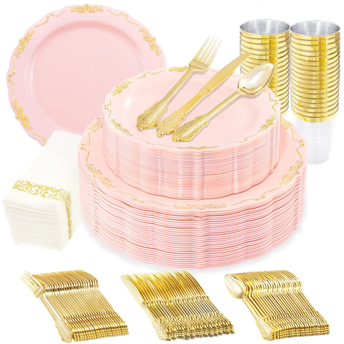 Supernal 210 Pink Gold Plastic Plates ＆ Gold Plastic Silverware,Gold ...