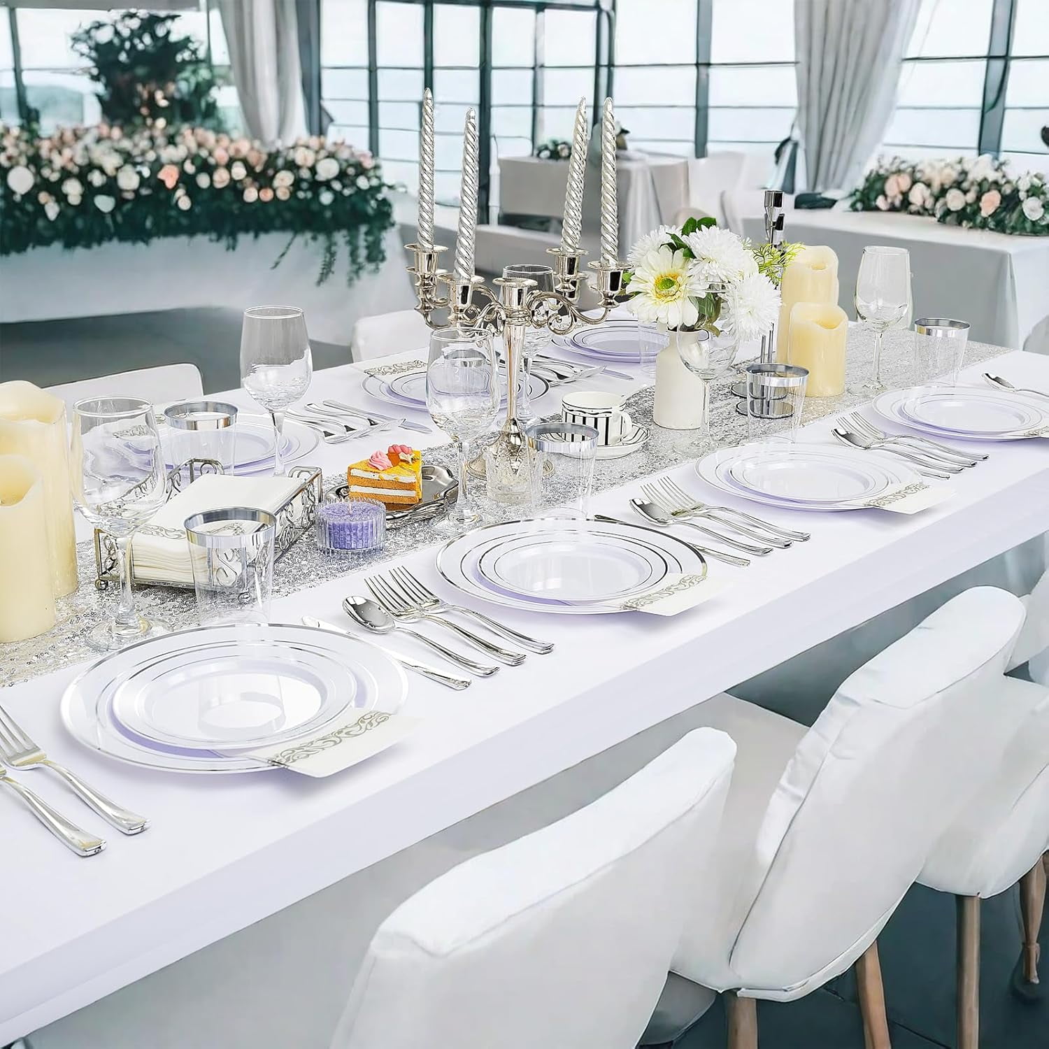 Supernal 400pcs Silver Plastic Dinnerware Set - Heavy Duty Disposable ...