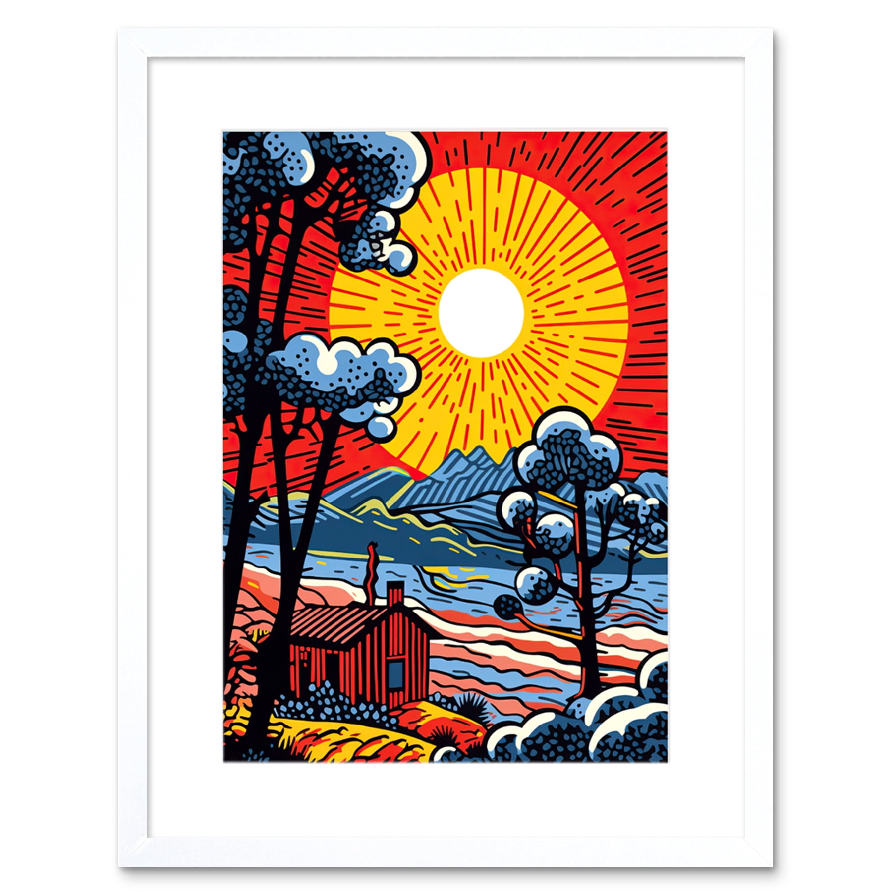 Supernova Sunrise Over Countryside Cabin Comic Book Style Mountain ...