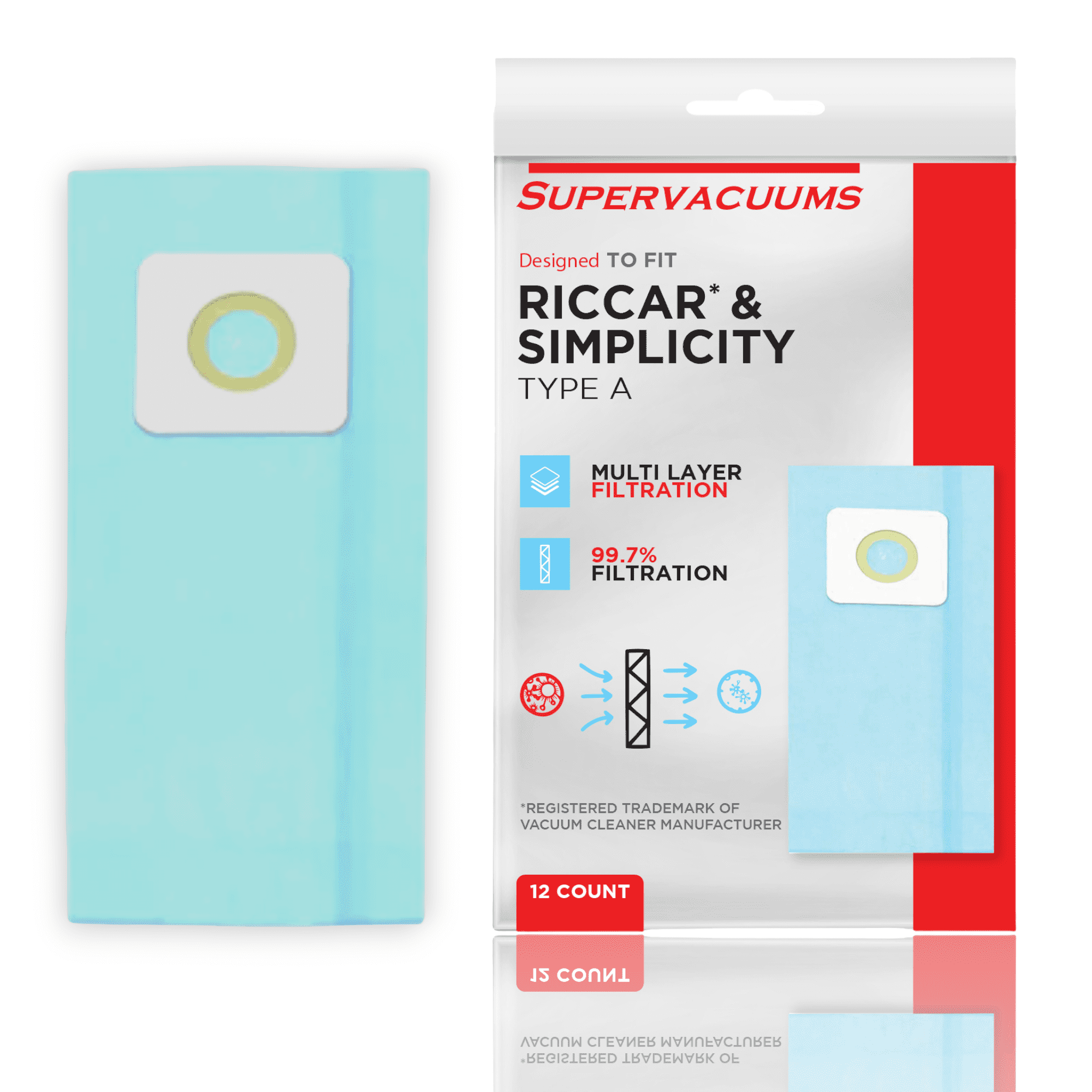 Supervacuums Paper Vacuum Bags for Riccar Type A Vacuum Cleaners - 12 ...