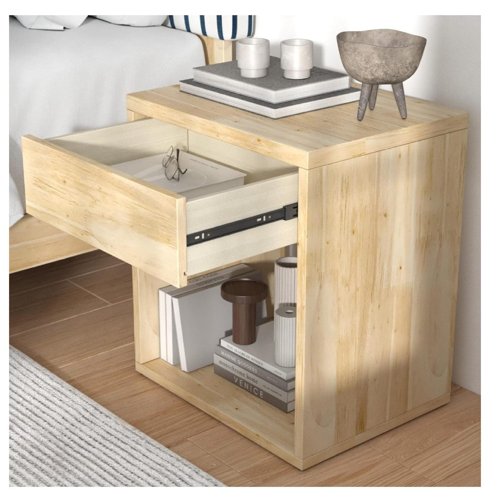 Superwum Asher Nightstand with Drawer in White Wash Finish – Small Solid Wood Nightstand with ...