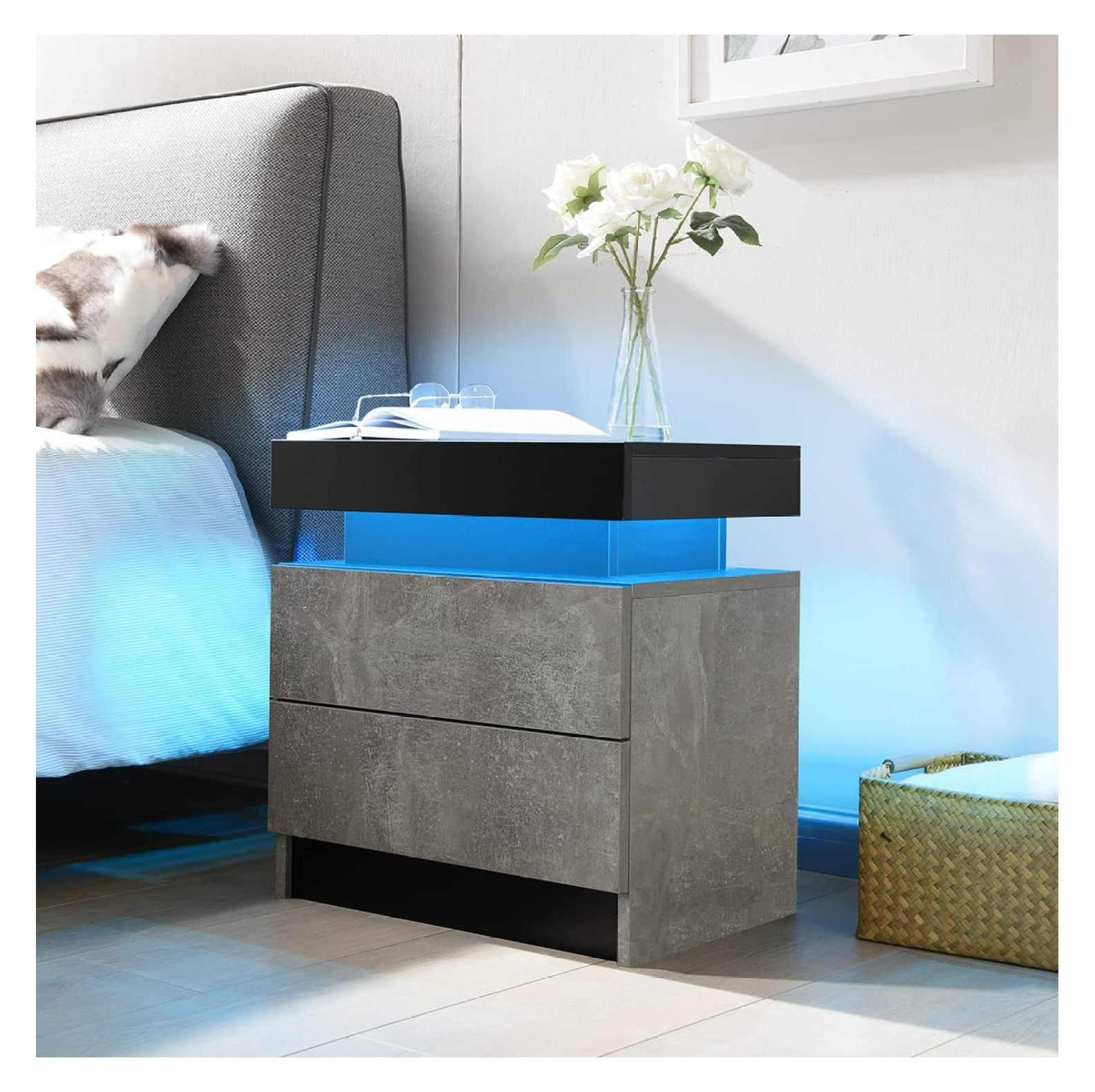 Superwum Bedside Table with 2 Drawers, LED Nightstand Wooden Cabinet ...