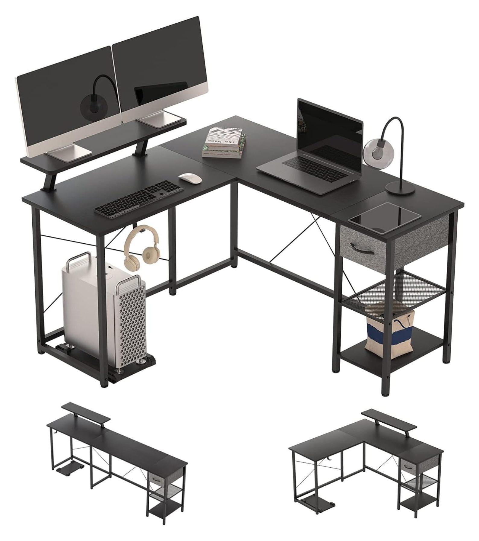Superwum L Shaped Computer Desk with Storage Drawer Shelves and Monitor ...