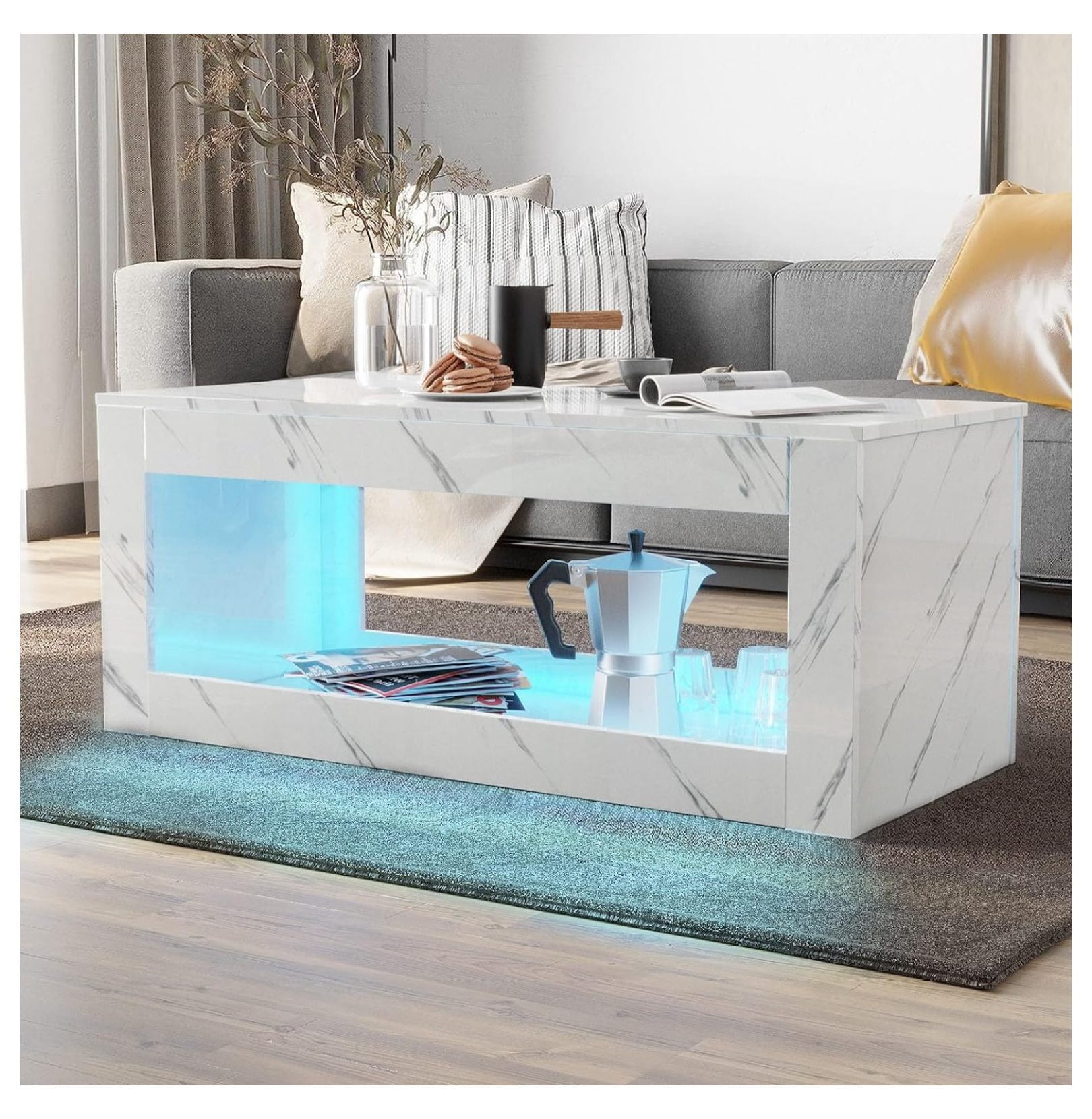 Superwum LED Coffee Table with Open Storage, Modern High Gloss Coffee ...