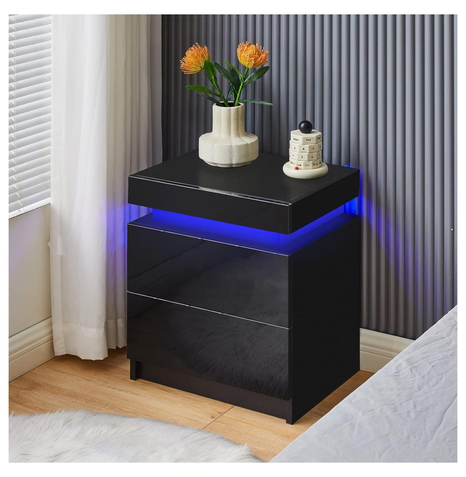 Superwum Modern Nightstand Set of 2, LED Night Stand with 2 High Gloss ...