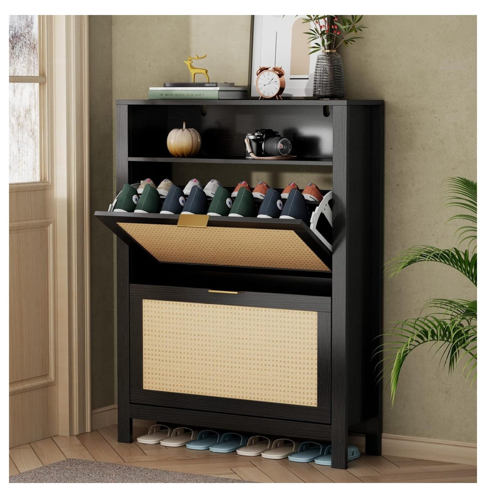 Superwum Rattan Shoe Cabinet, Freestanding Tipping Bucket Shoe Rack ...