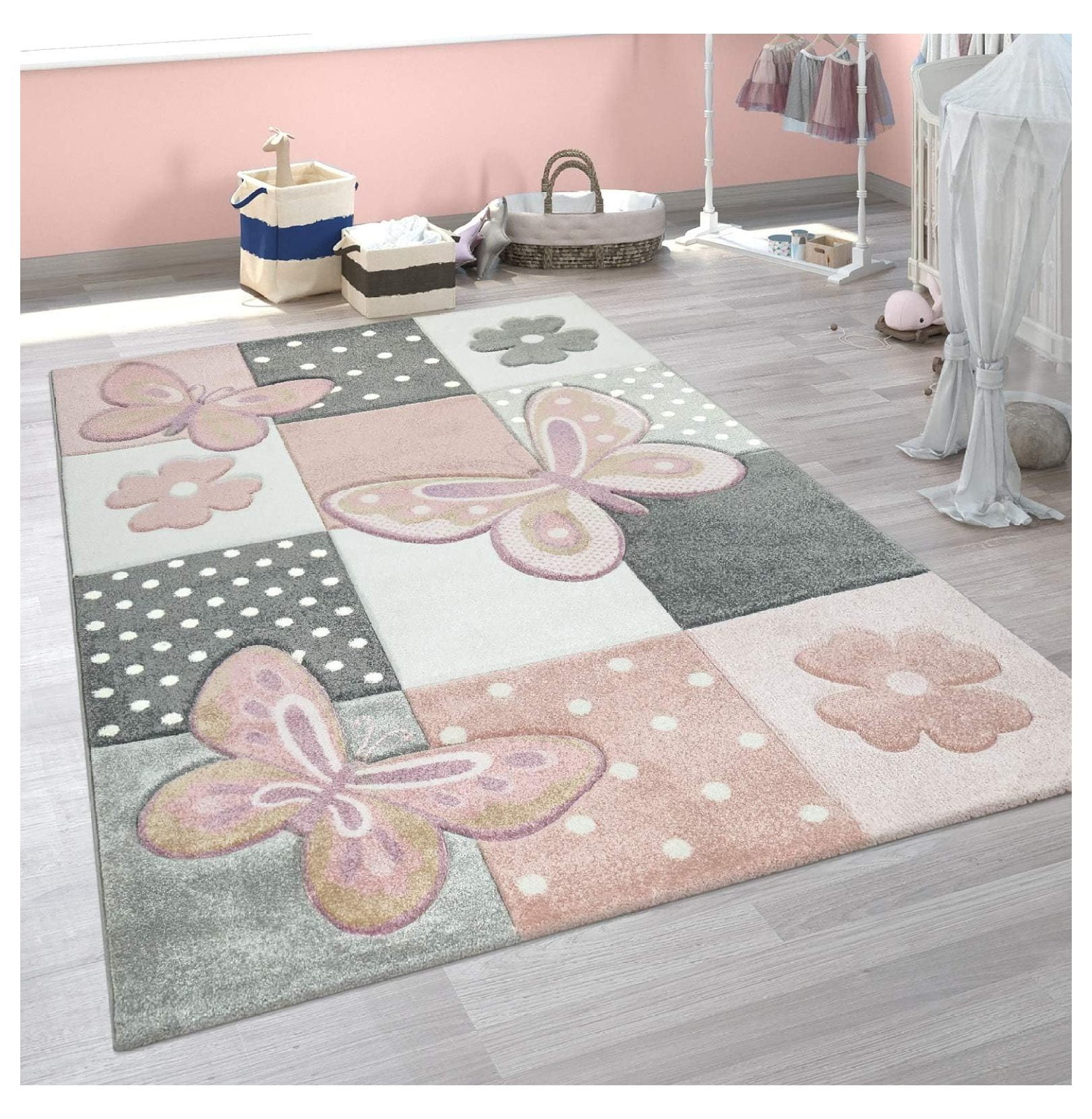 Superwum Rug Pastel Colors Butterflies Check Pattern Spots Flowers ...