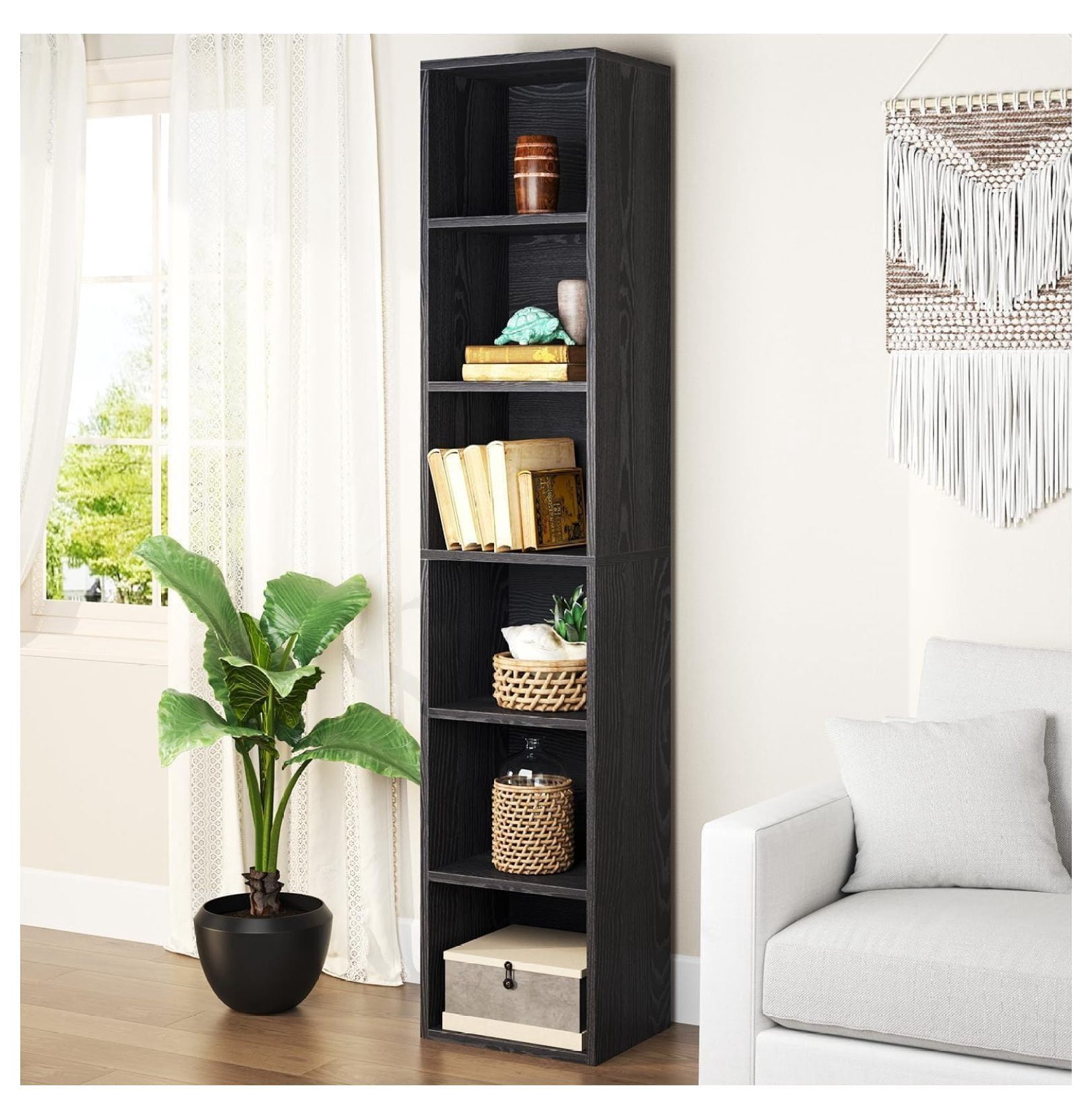 Superwum Tall Narrow Bookshelf, 6-Tier Cube Display Rack, Modern Corner ...