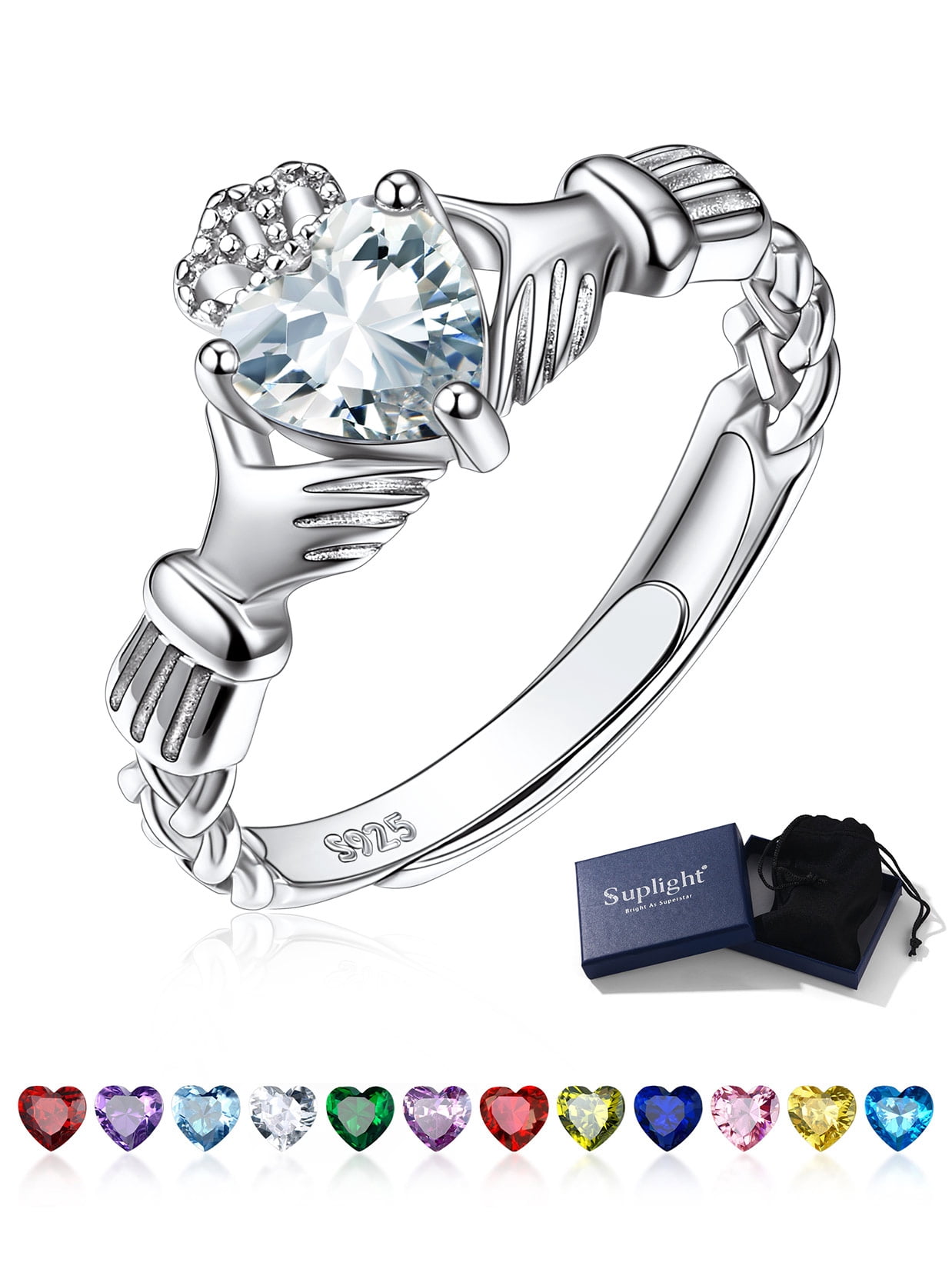 Suplight 925 Sterling Silver Claddagh Heart Birthstone Ring Promise ...