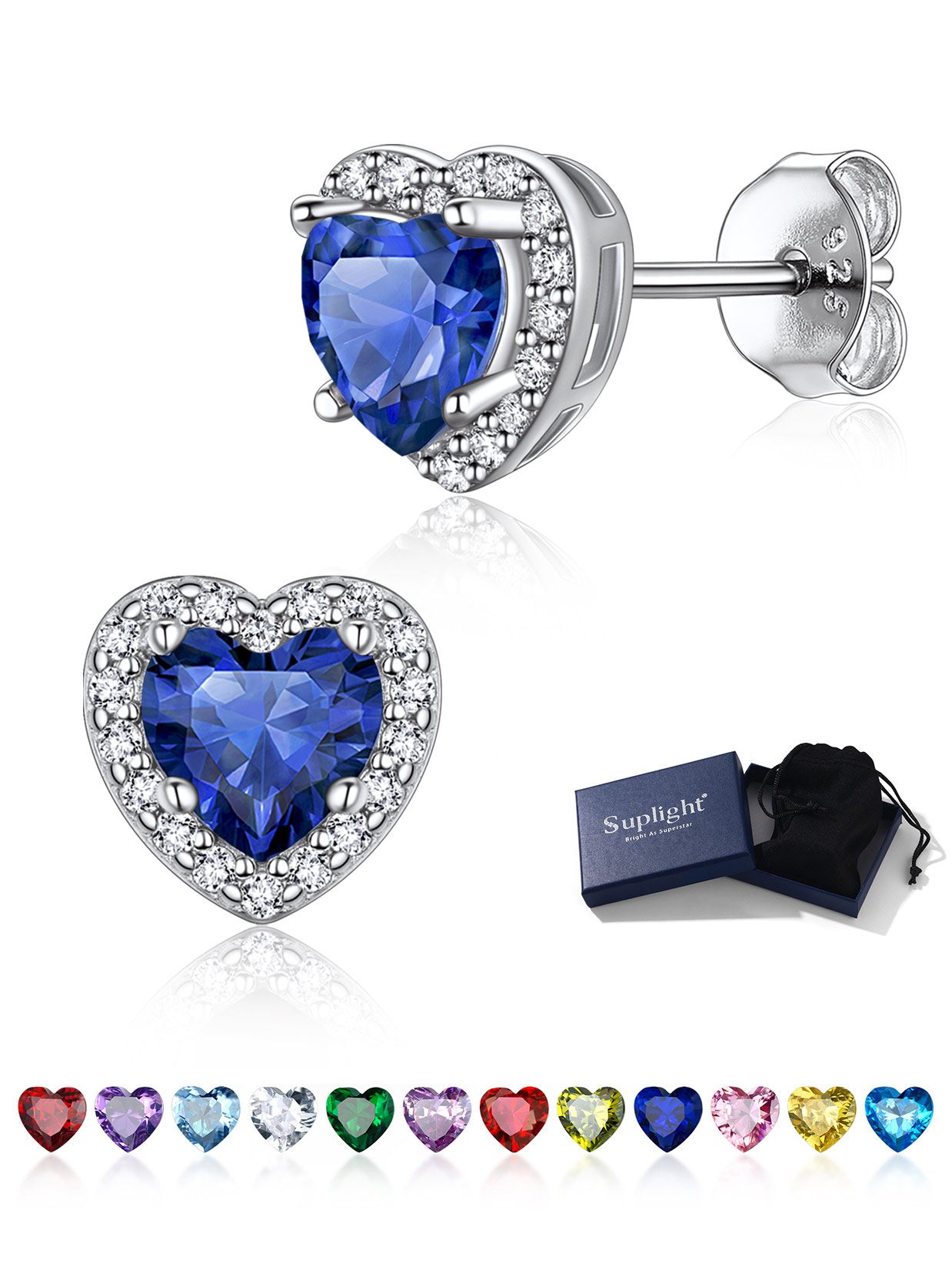Suplight Women 925 Sterling Silver Earrings Heart Birthstone Earrings ...