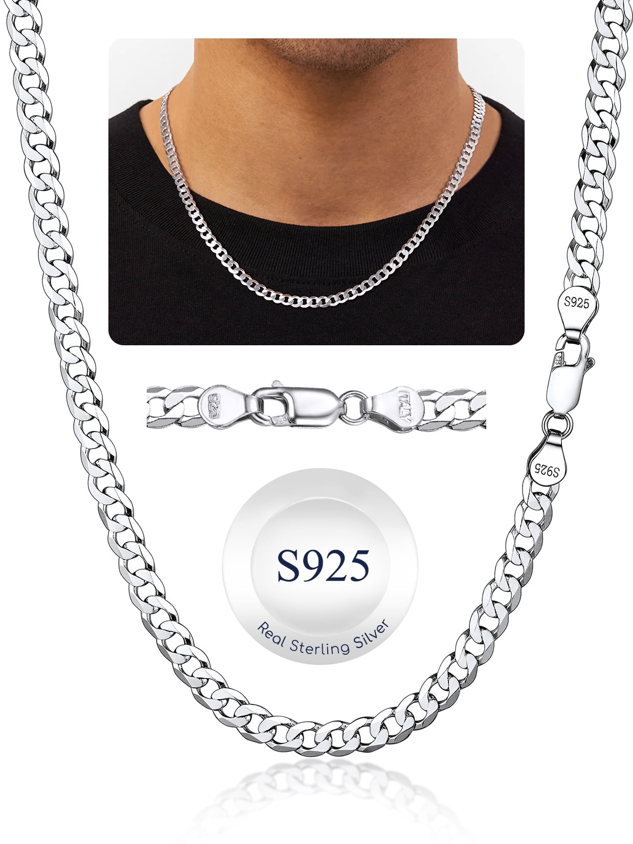 Suplight 925 Sterling Silver Necklace, 5mm Flat Curb Chain ...
