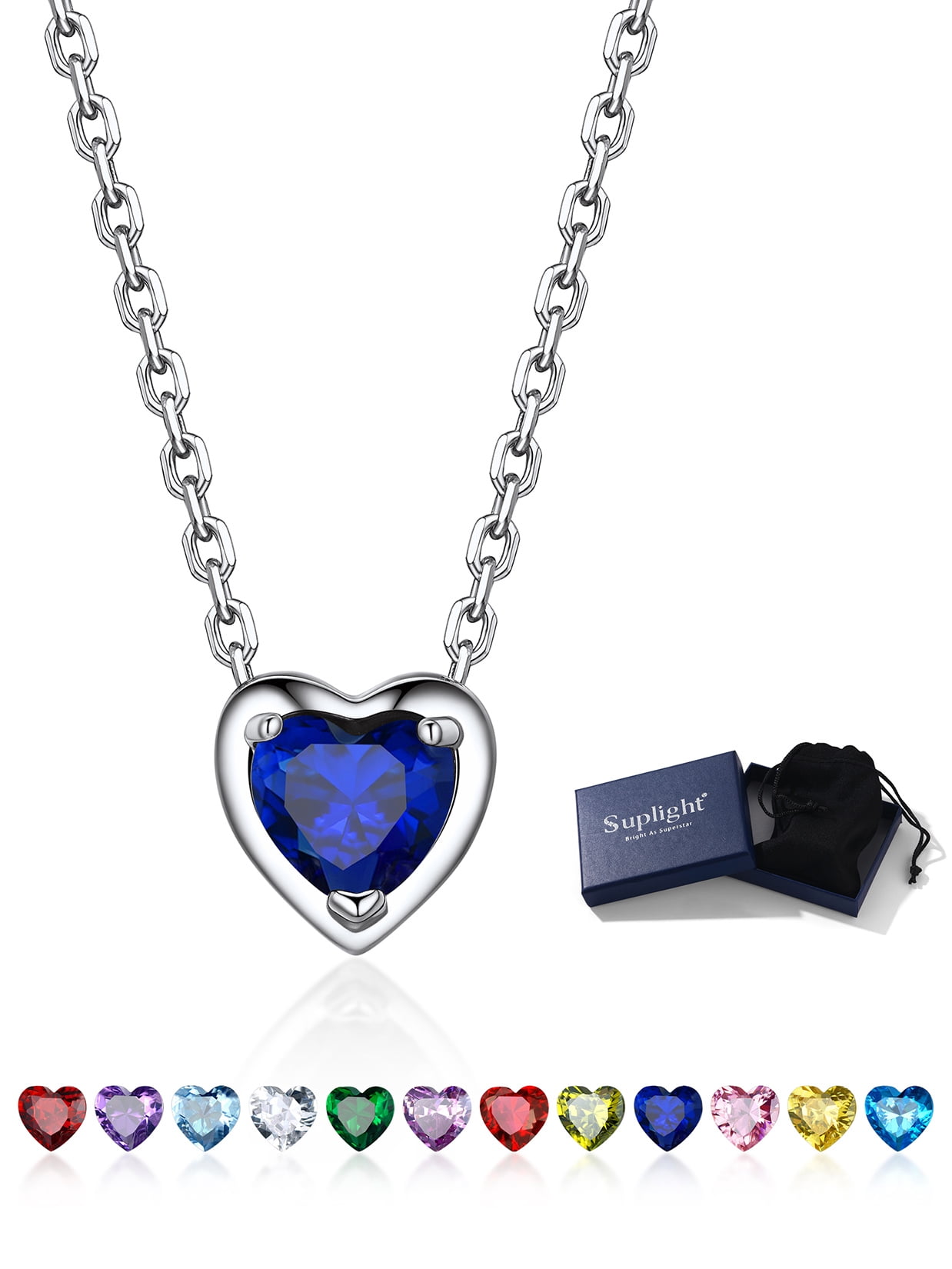 Suplight Silver Necklace 925 Sterling Silver Birthstone Crystal Love ...