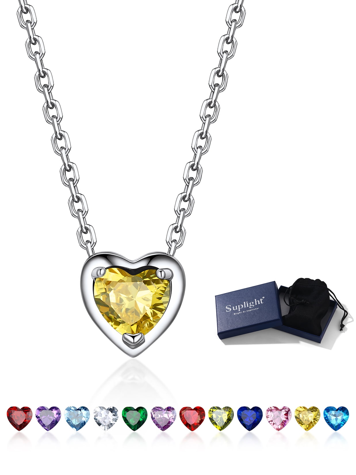 Suplight Silver Necklace 925 Sterling Silver Birthstone Love Heart ...