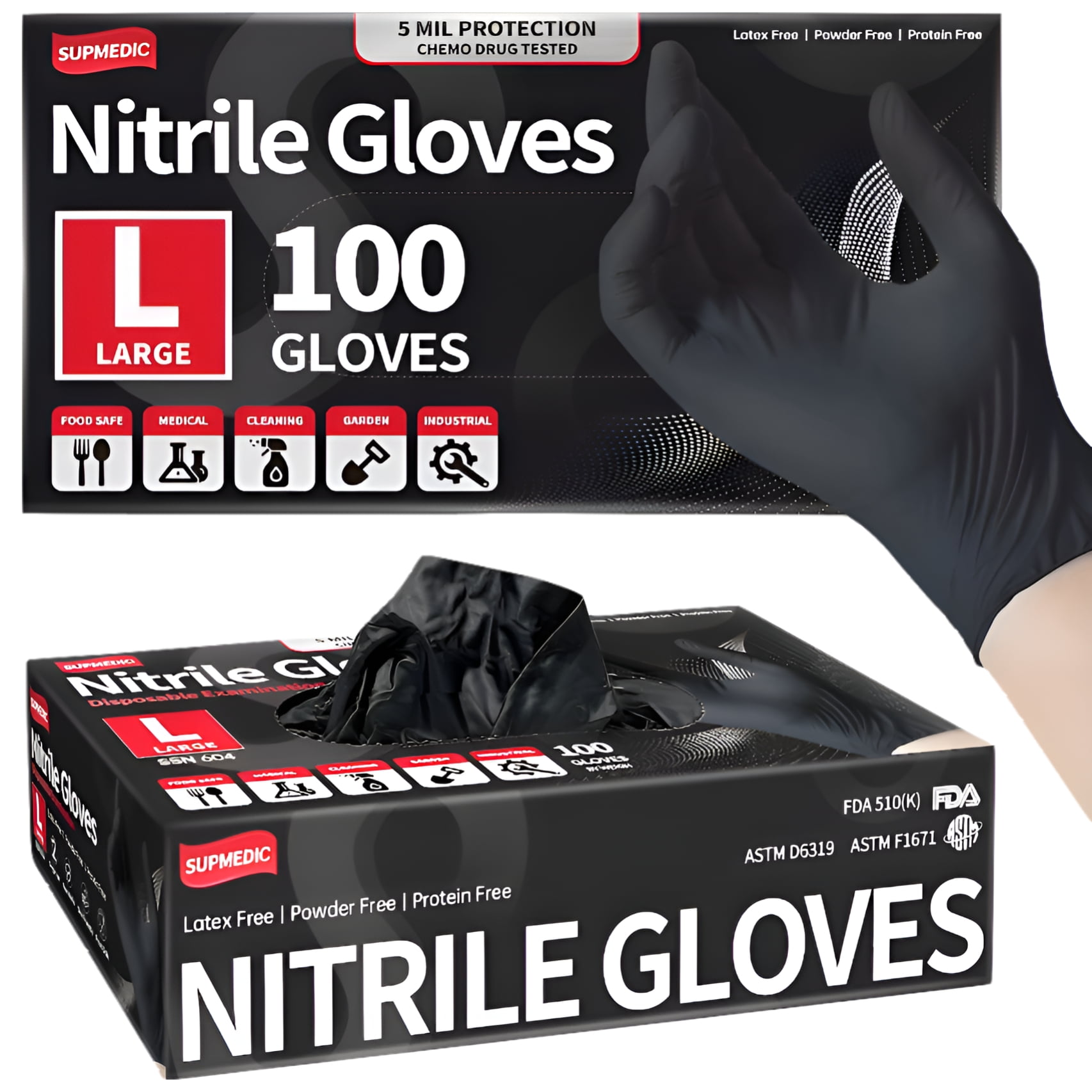 Supmedic Black Nitrile Exam Gloves, Powder-Free, Latex-Free, Disposable ...