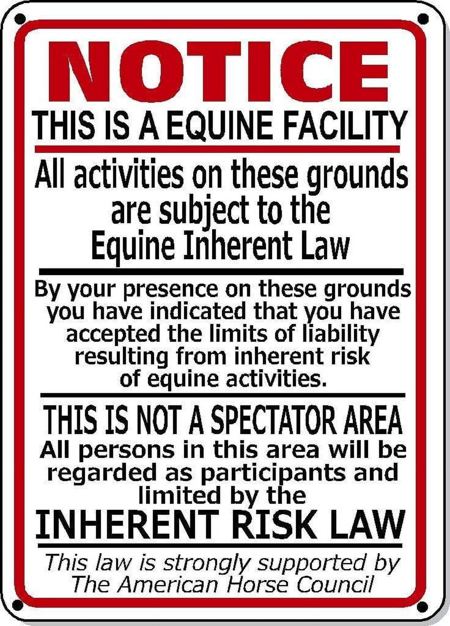 Supplemental Equine Liability Tin Sign Warning Statute Horse Barn ...