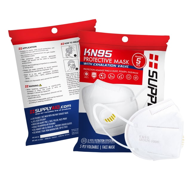 SupplyAID KN95 Protective Face Mask with Exhalation Vent, 5-Pack ...