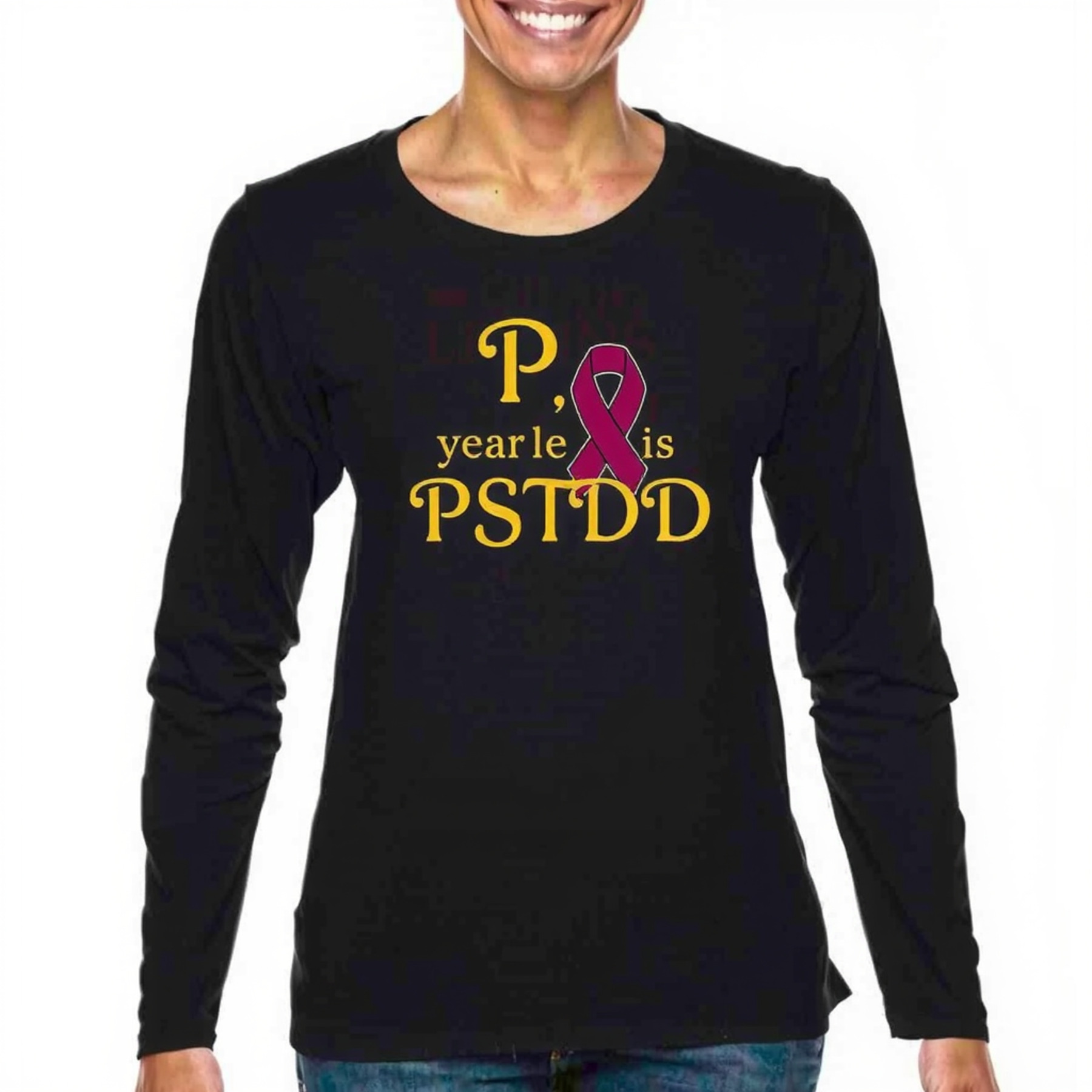 Support PTSD Awareness Long Sleeve T-Shirt with Gold Print & Ribbon ...