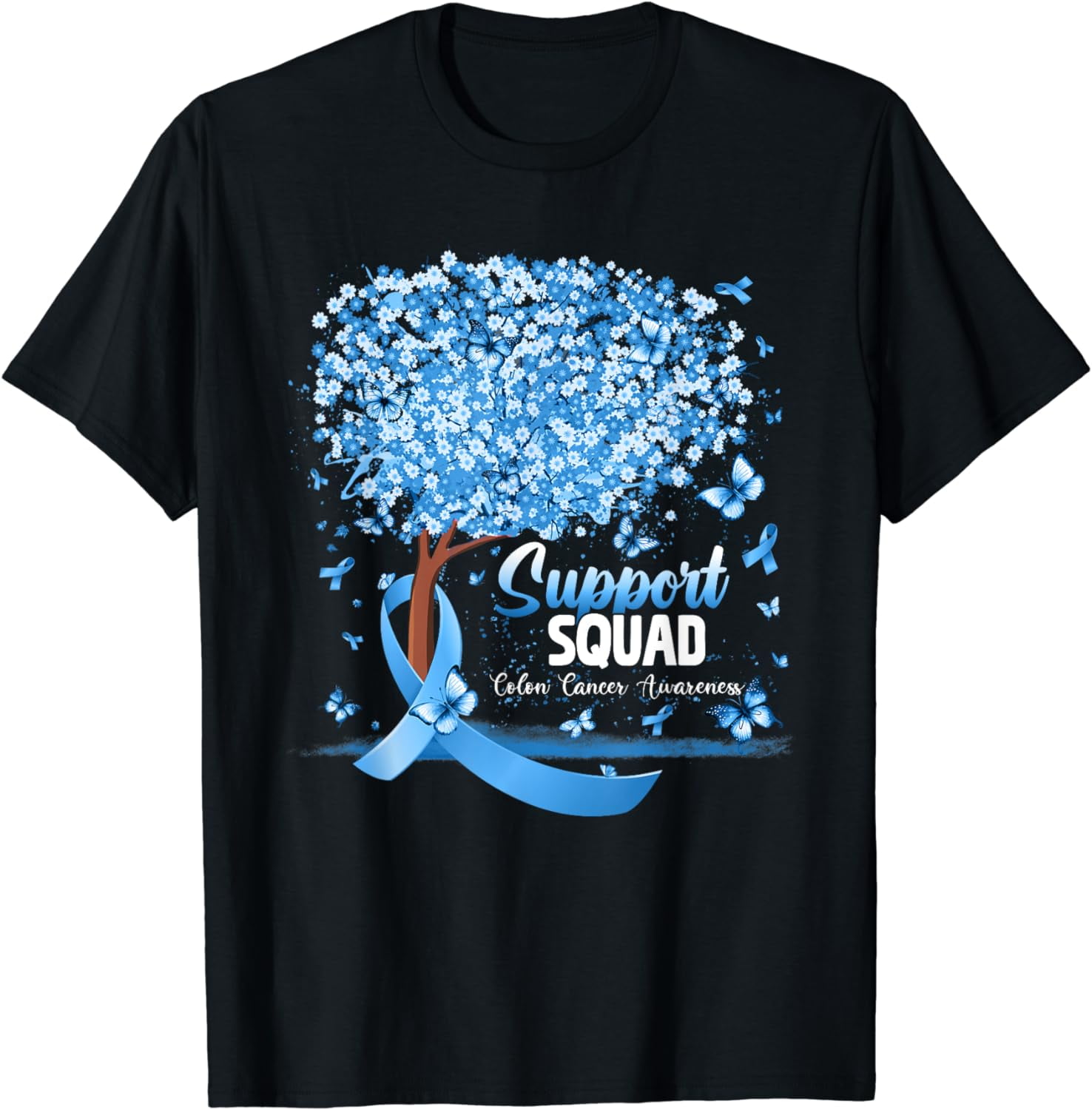 Support Squad Butterfly Blue Ribbon Colon Cancer Awareness T-Shirt ...