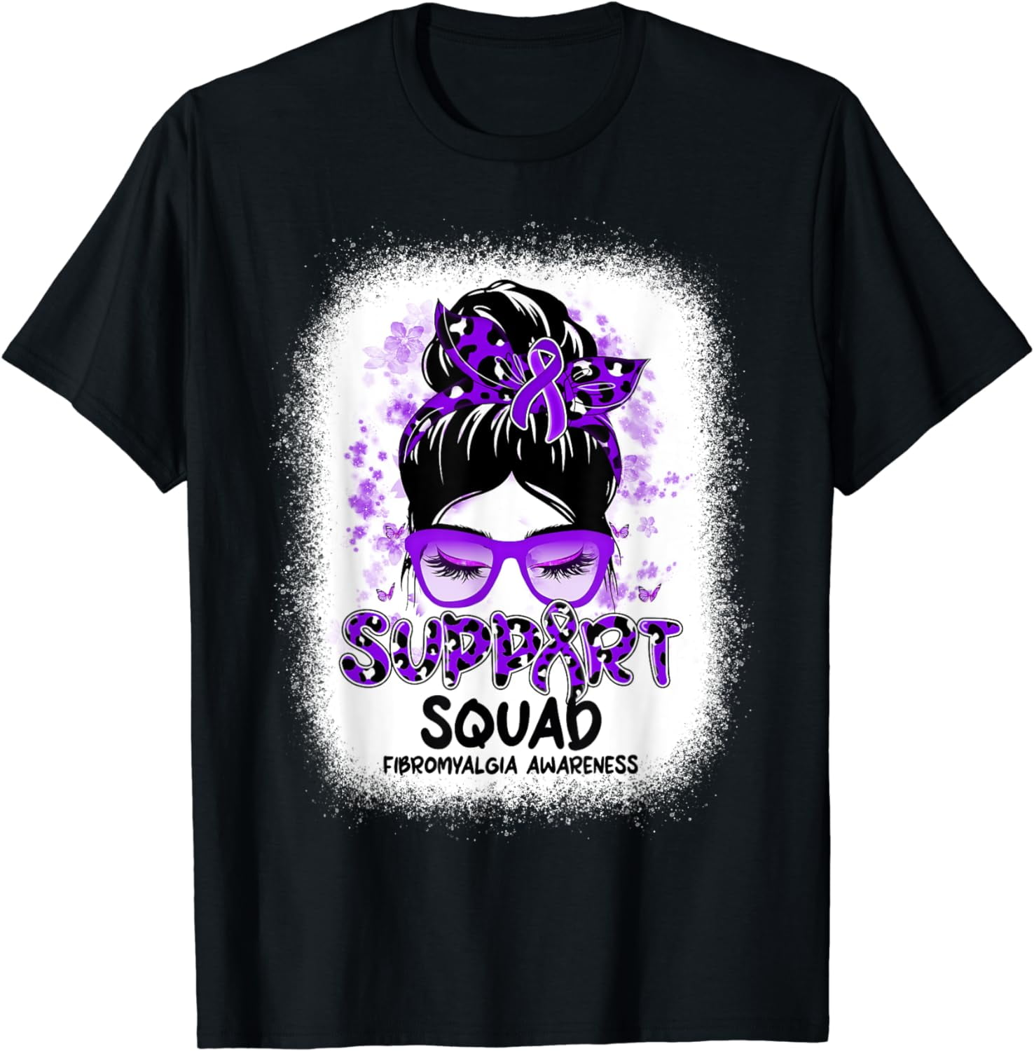 Support Squad Messy Bun Butterfly Purple Ribbon Fibromyalgia T-Shirt ...