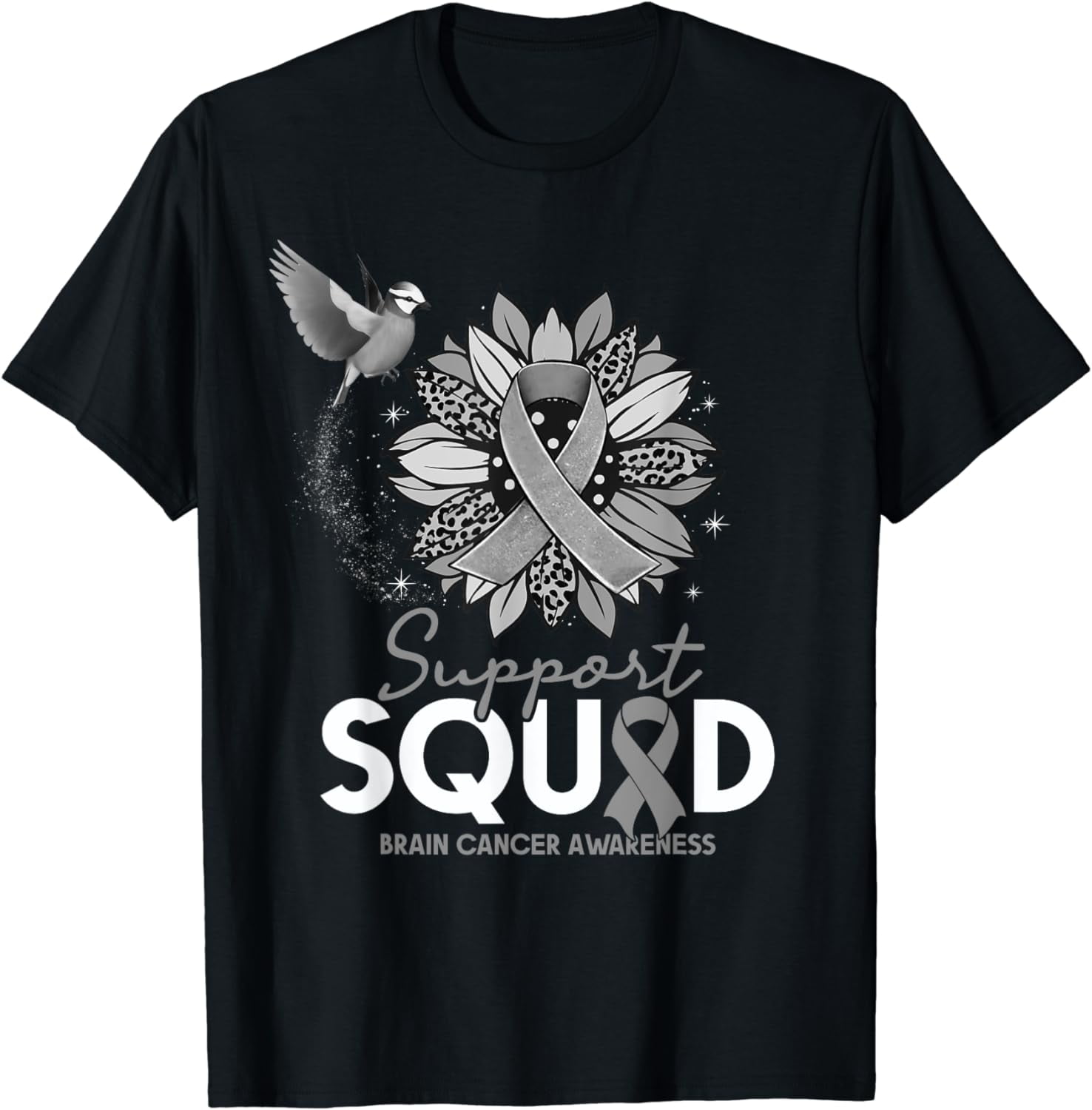Support Squad Sunflower Hummingbird Brain Cancer Awareness T-Shirt ...
