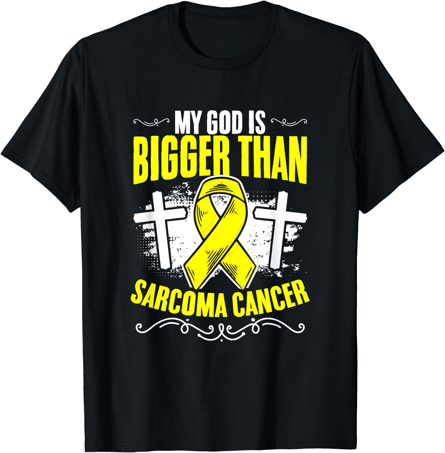 Support Yellow Ribbon Warrior God Bigger Than Sarcoma Cancer T-Shirt ...