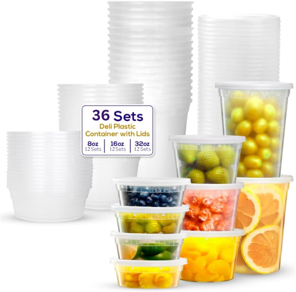 Supreme Deli Plastic Storage Containers with Lids 8oz, 16oz, 32oz [8 ...