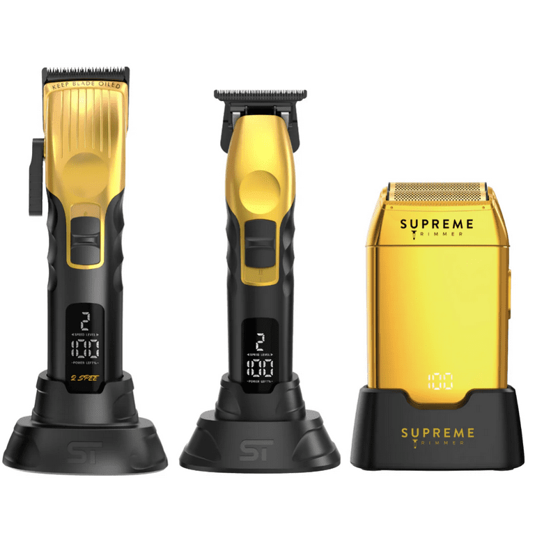 Supreme Trimmer 3 in 1 Barber Bundle 2Spee Clipper 2Spee Trimmer Crunch Foil Shaver Professional Beard Trimmer Mens Hair Clipper Kit Gold