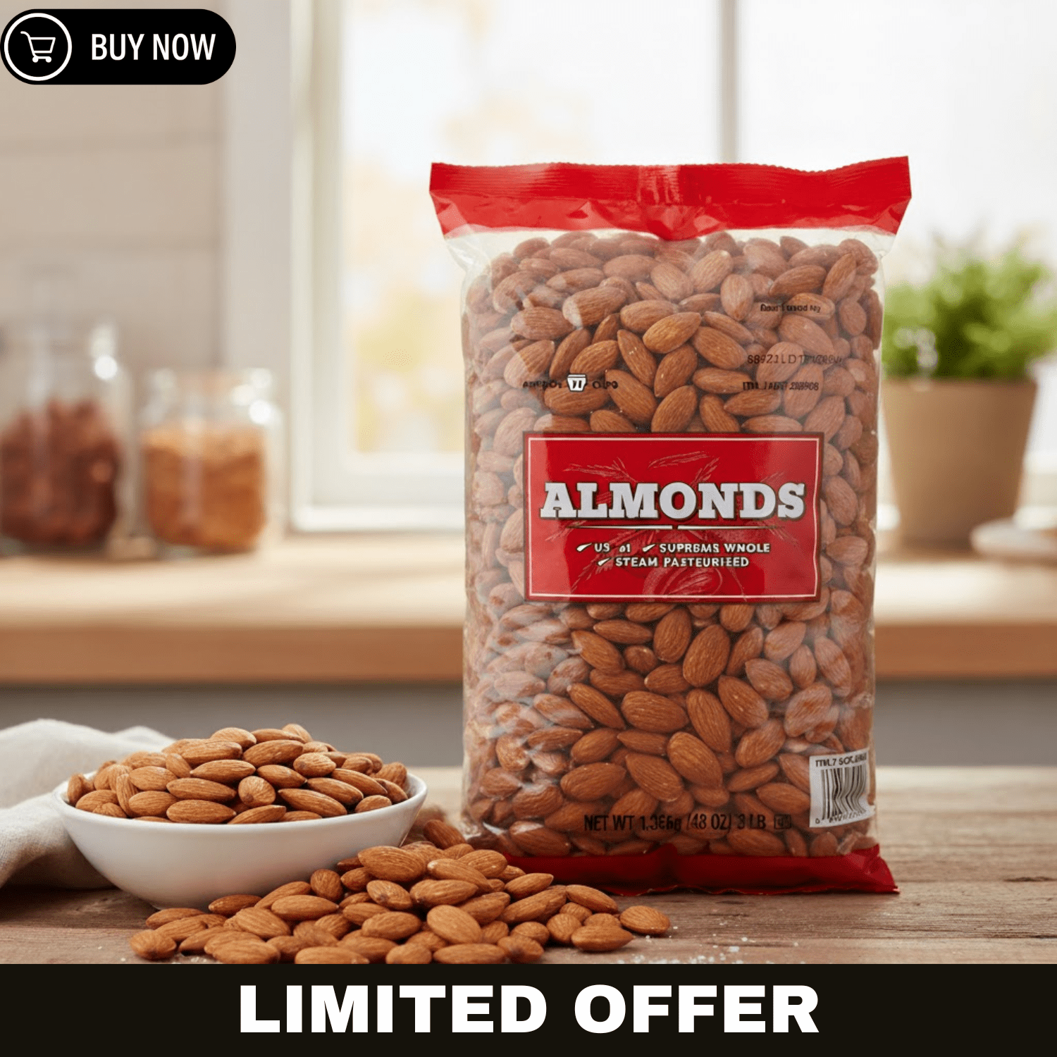 Supreme Whole Almonds, Steam Pasteurized, US #1 Quality, 3 lb Bag ...