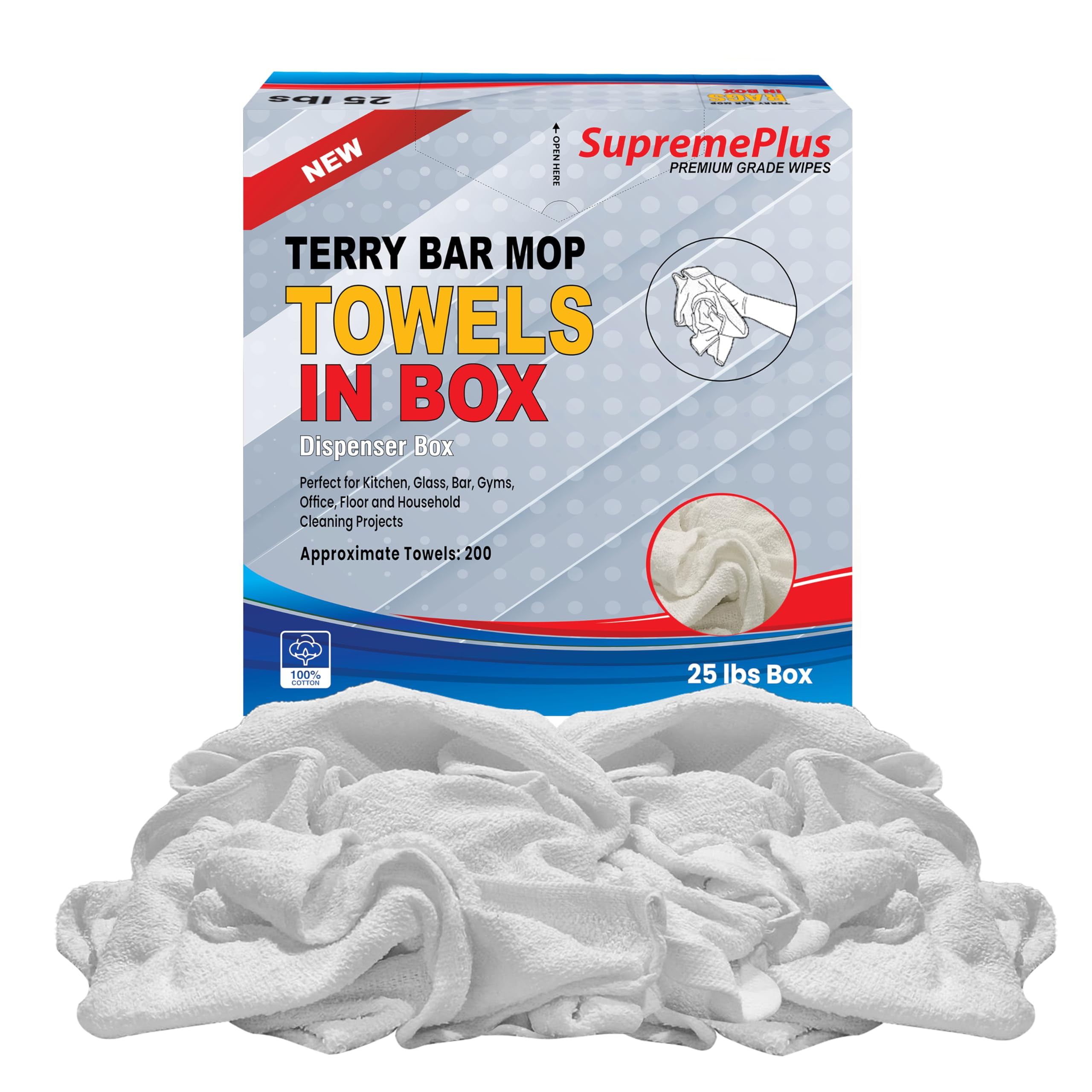 SupremePlus Terry Cleaning Rags 25 lbs Compressed Box 14" x 17" White 100% Cotton Bar Mop Towels ...