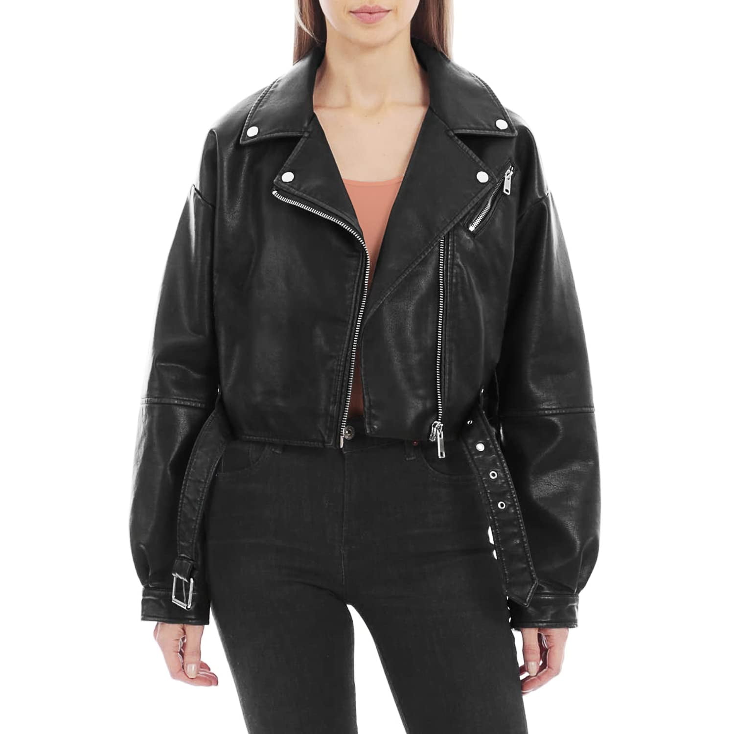 Suprenx Faux Leather Oversized Jacket for Women,Motorcycle Short Coat ...