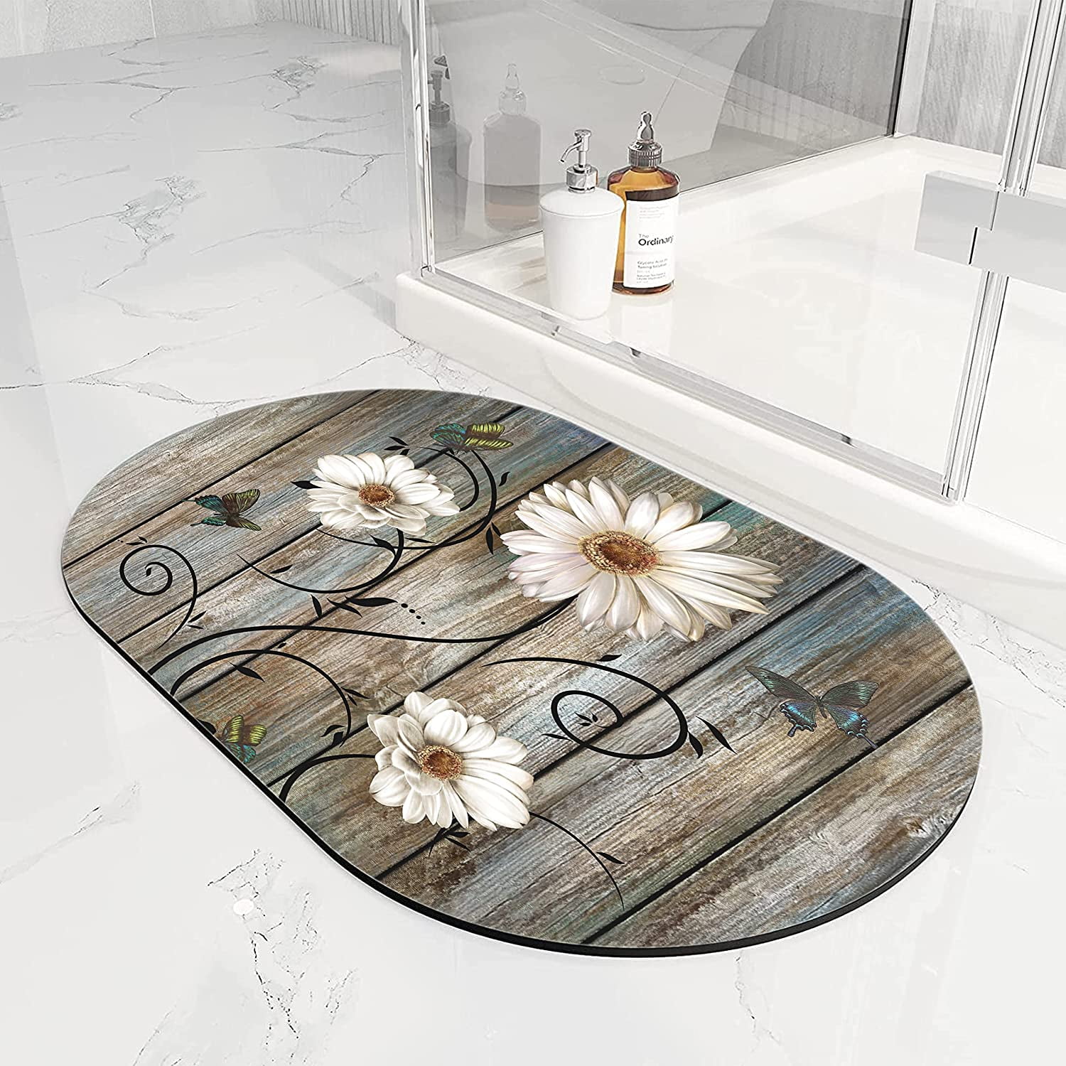 UWNRBG Rustic Daisy Bathroom Rug, Diatomaceous Earth Bath Mat, Water ...