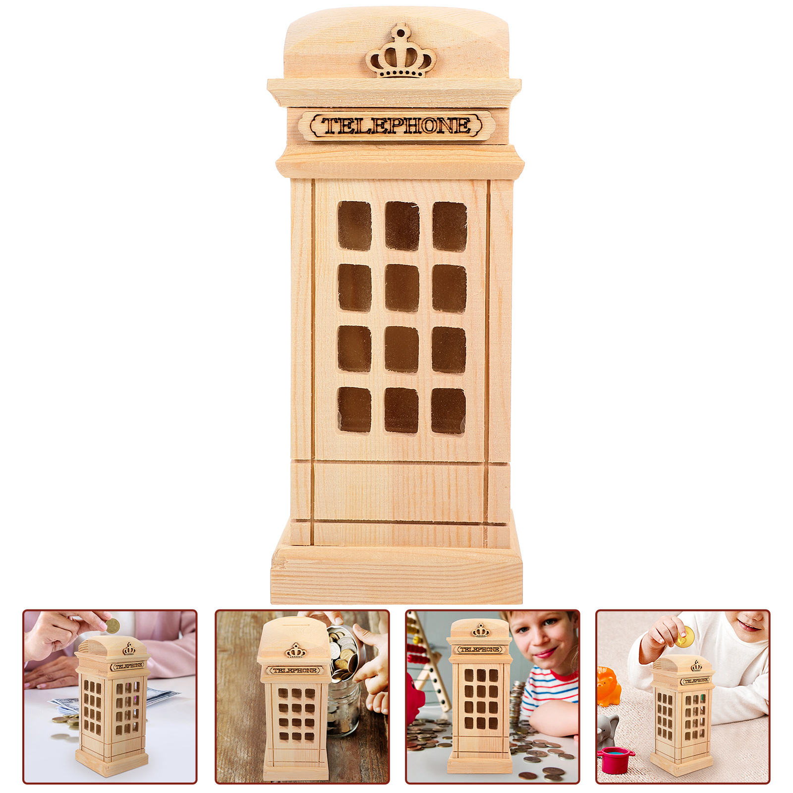 Supvox Money Saving Bank Telephone Booth Shape Wooden Coin Storage 1Pcs ...