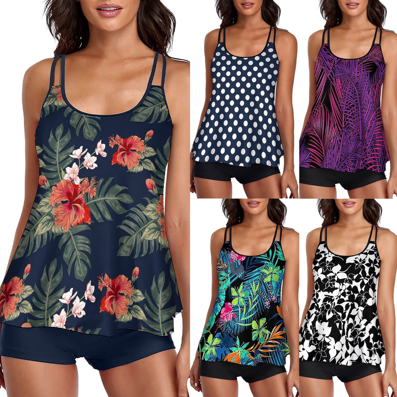 Surakey Plus Size Tankini Swimsuits for Women Two Piece Swim Top Shorts ...
